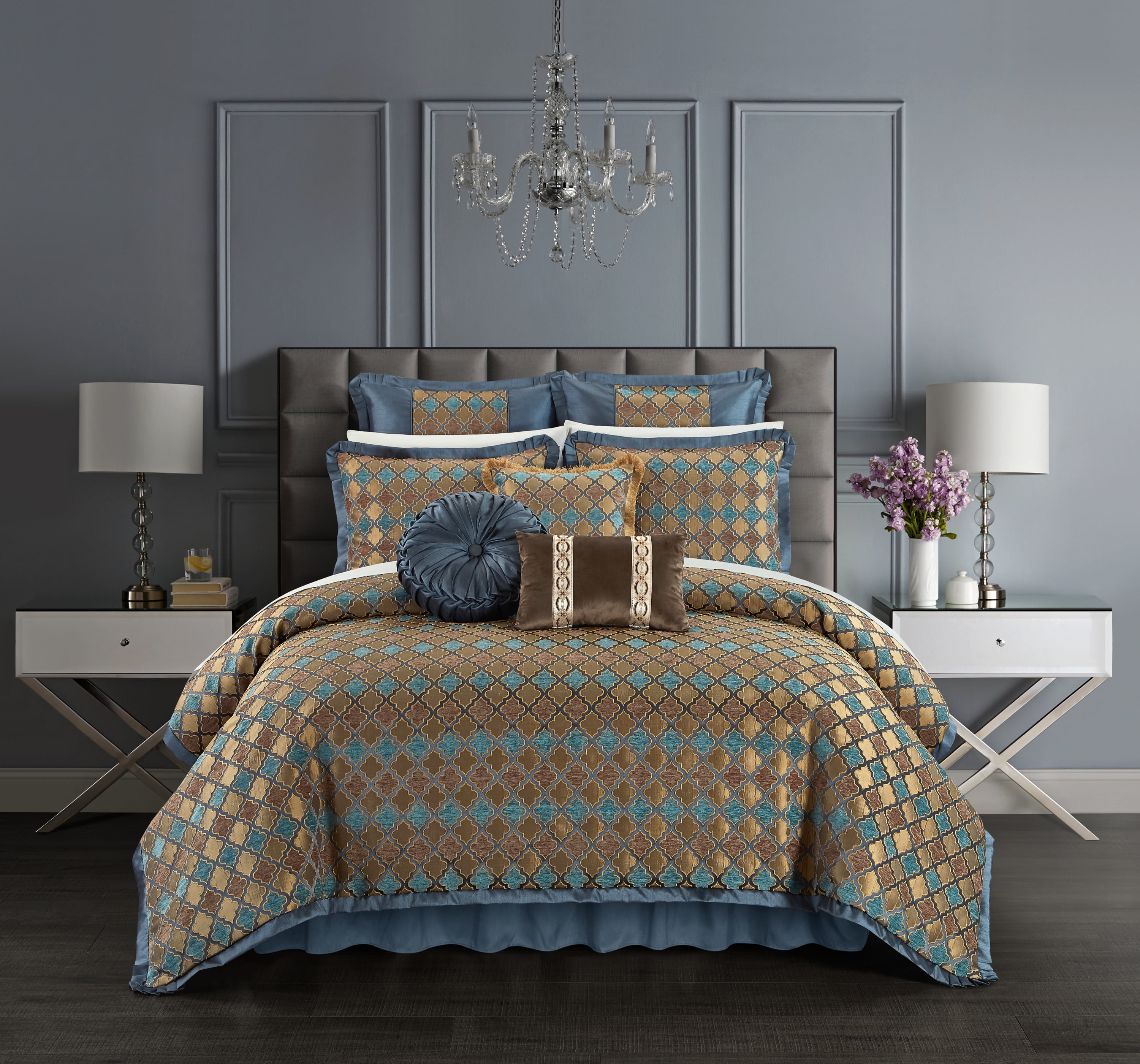Chic Home Suelyn 13-Piece Chenille Geometric Comforter Set, King, Blue ...