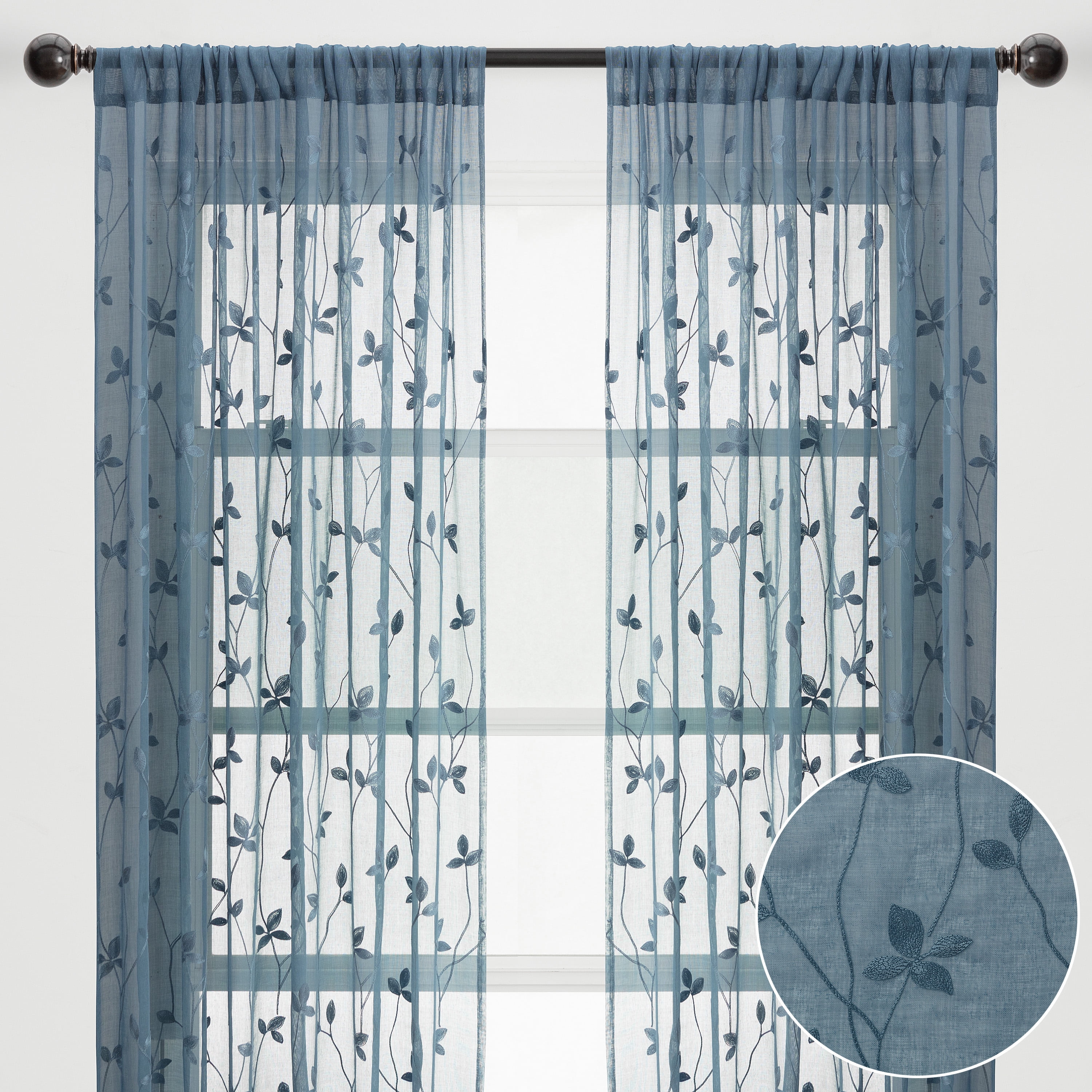 Chanasya Blue Sheer Curtains 2 Panels Set - Embroidered Vine Leaf ...