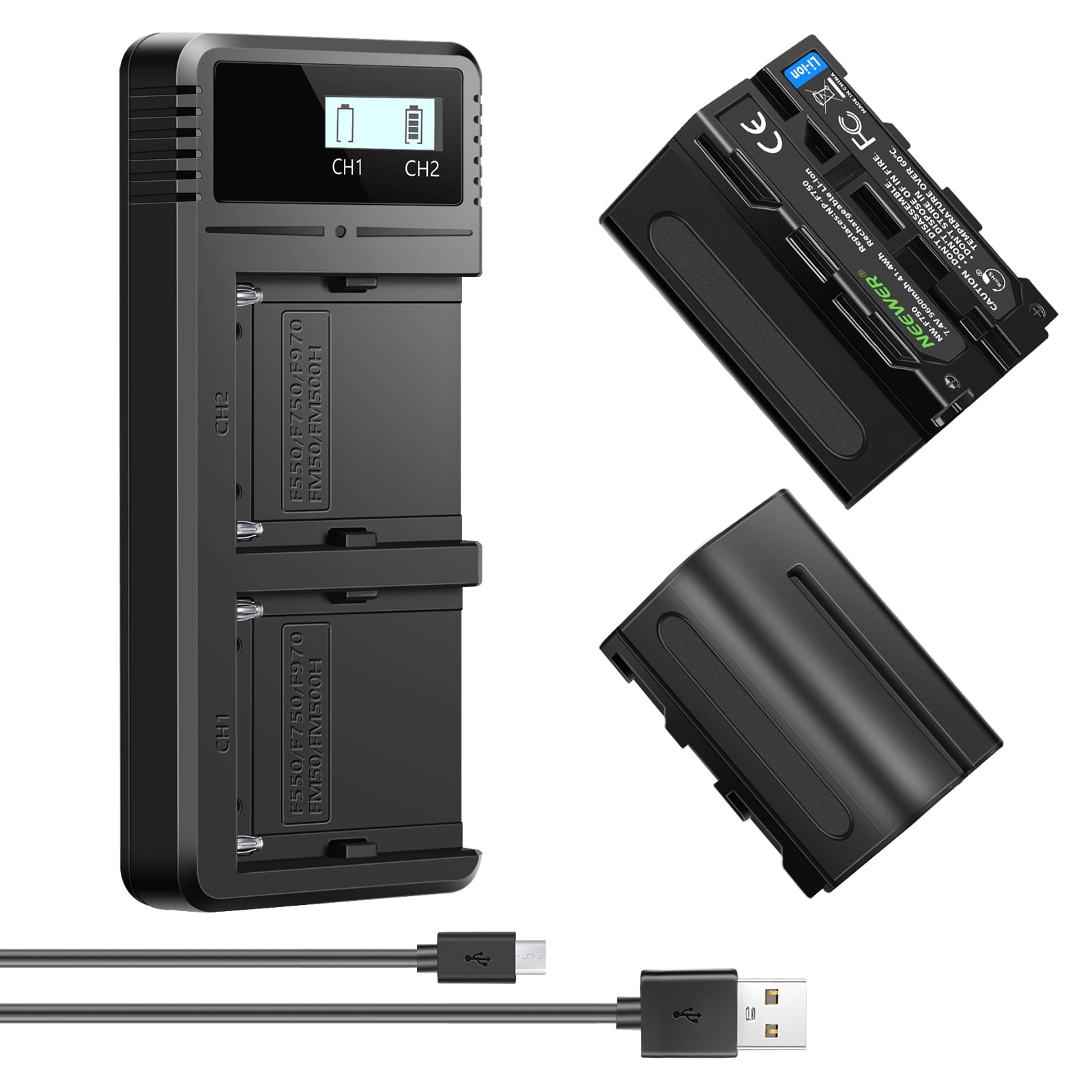 Neewer Fast Charger Dual USB with NP-F750 2-Pack 5600mAh Li-ion ...