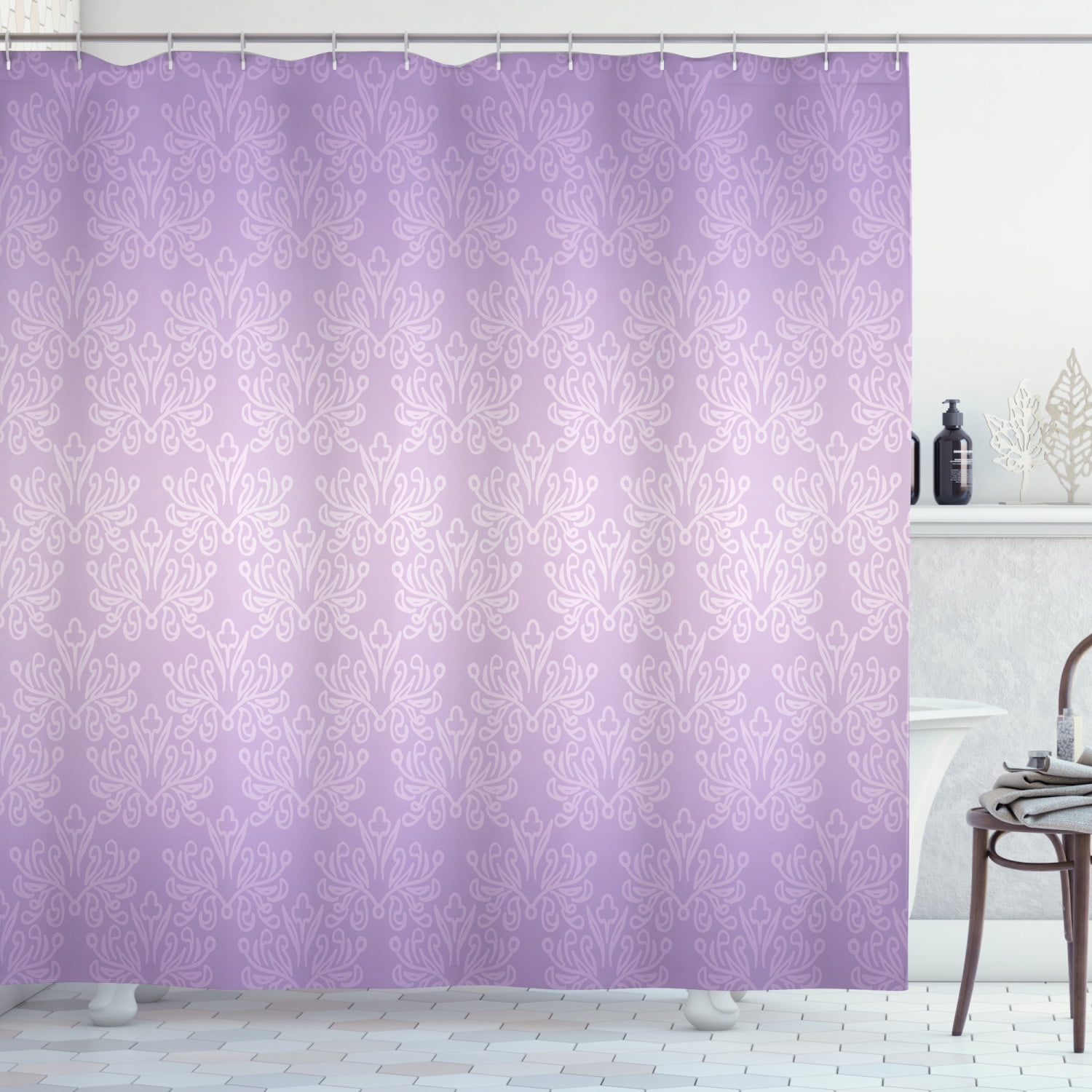 Lilac Shower Curtain, Monochromatic Pattern with Baroque Swirl Motifs ...