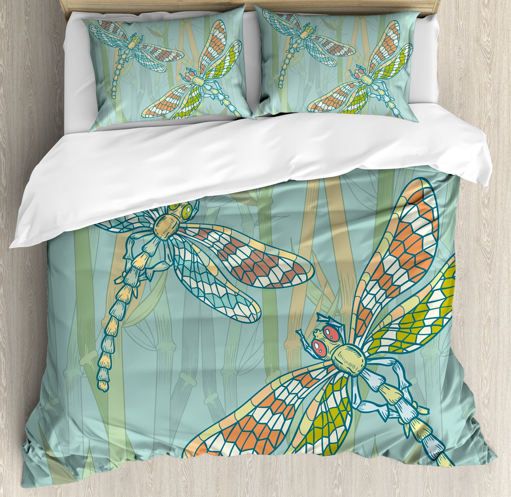 Dragonfly Queen Size Duvet Cover Set, Doodle Style Giant Dragonfly ...
