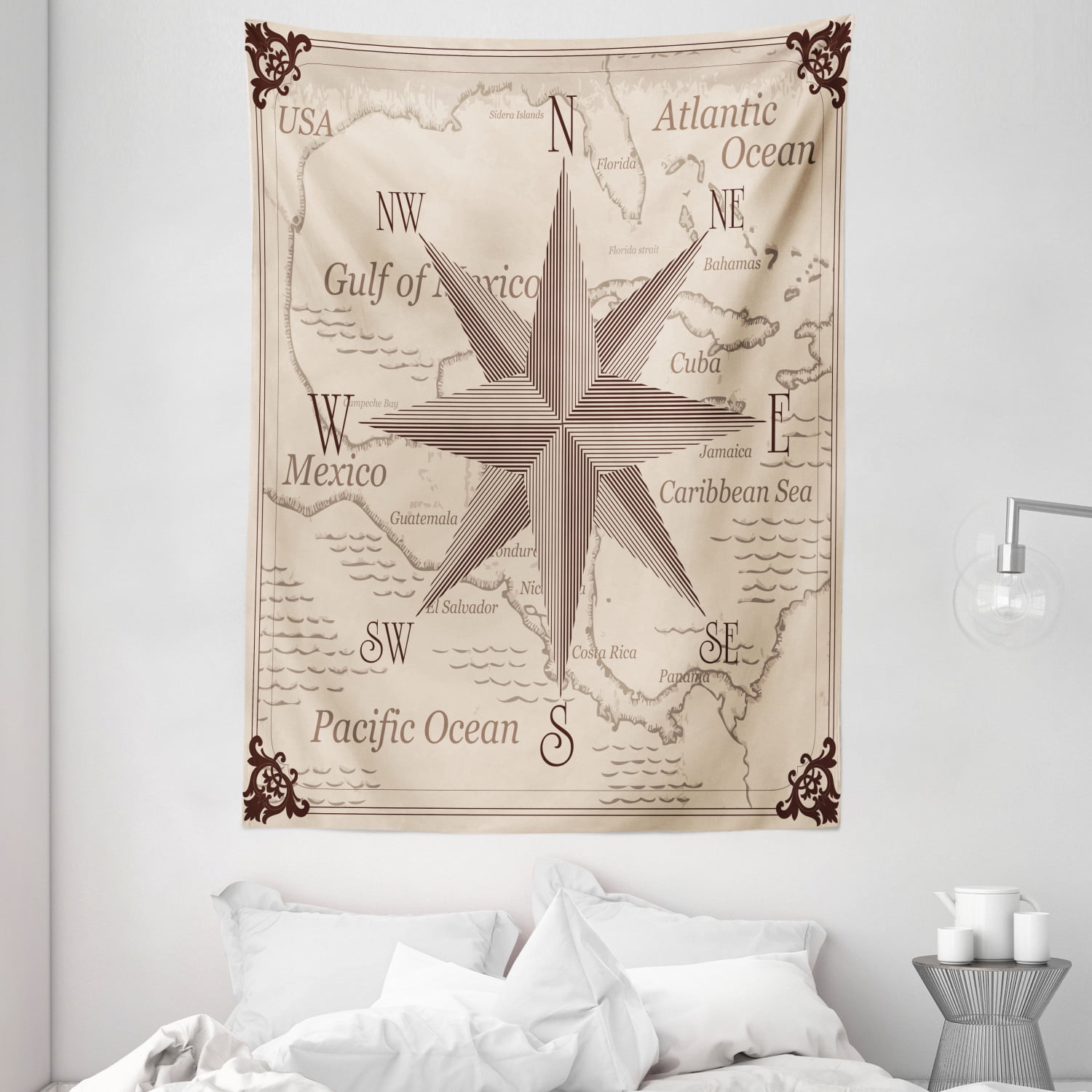 Compass Tapestry, Central American Map Caribbeans Background Windrose ...