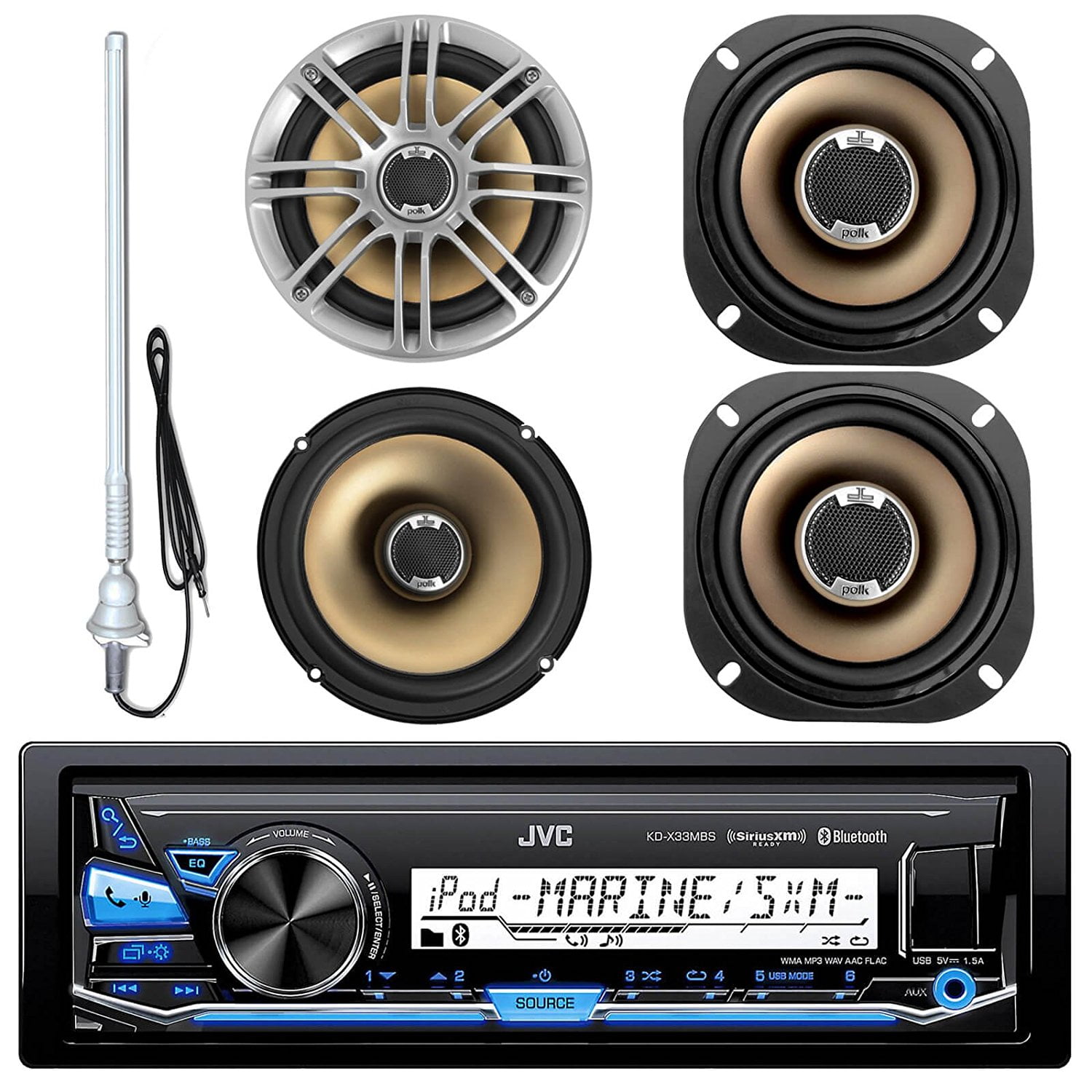 JVC KD-X33MBS MP3/USB/AUX Bluetooth Marine Boat Yacht Stereo Receiver Bundle Combo With 2 Polk ...