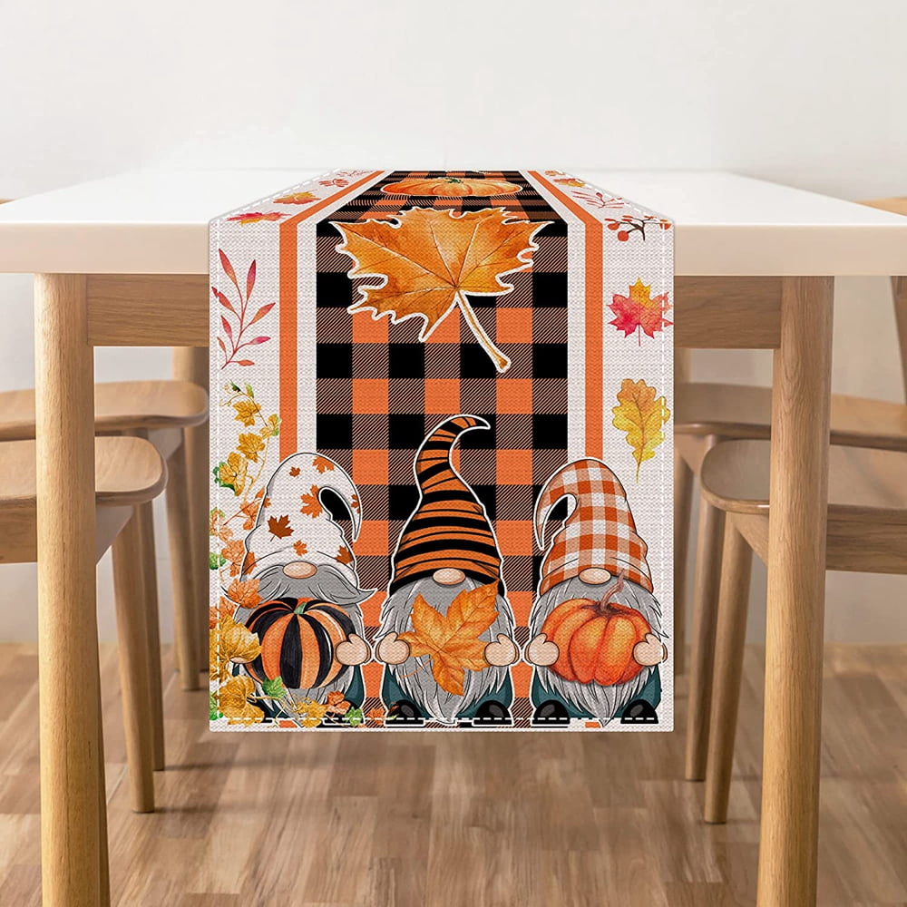 Fall Table Runner Autumn Buffalo Plaid Pumpkin Tablecloth Orange Gnome ...