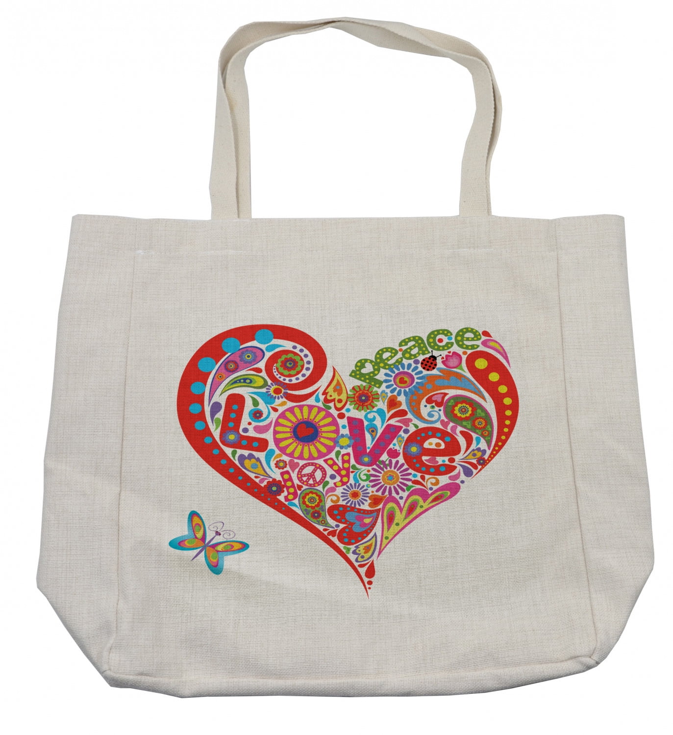 Groovy Shopping Bag, Hippie Heart Shape Colorful Flowers Butterfly ...