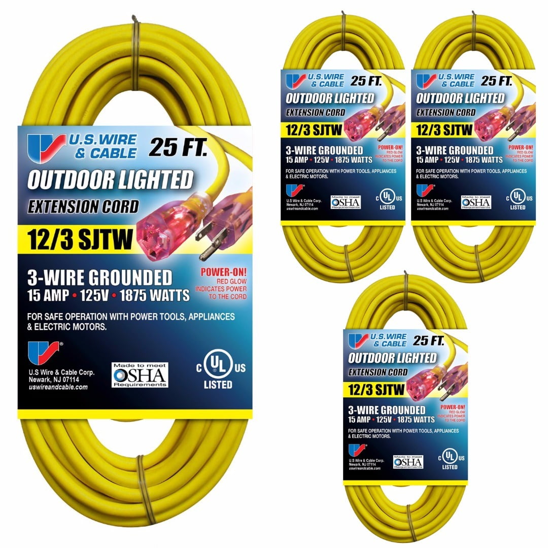 US Wire 25 FT 12 3 SJTW Heavy Duty Extension Cord Yellow Lighted Plug US Wire 25 FT 12 3 SJTW Heavy Duty Extension Cord Yellow Lighted Plug