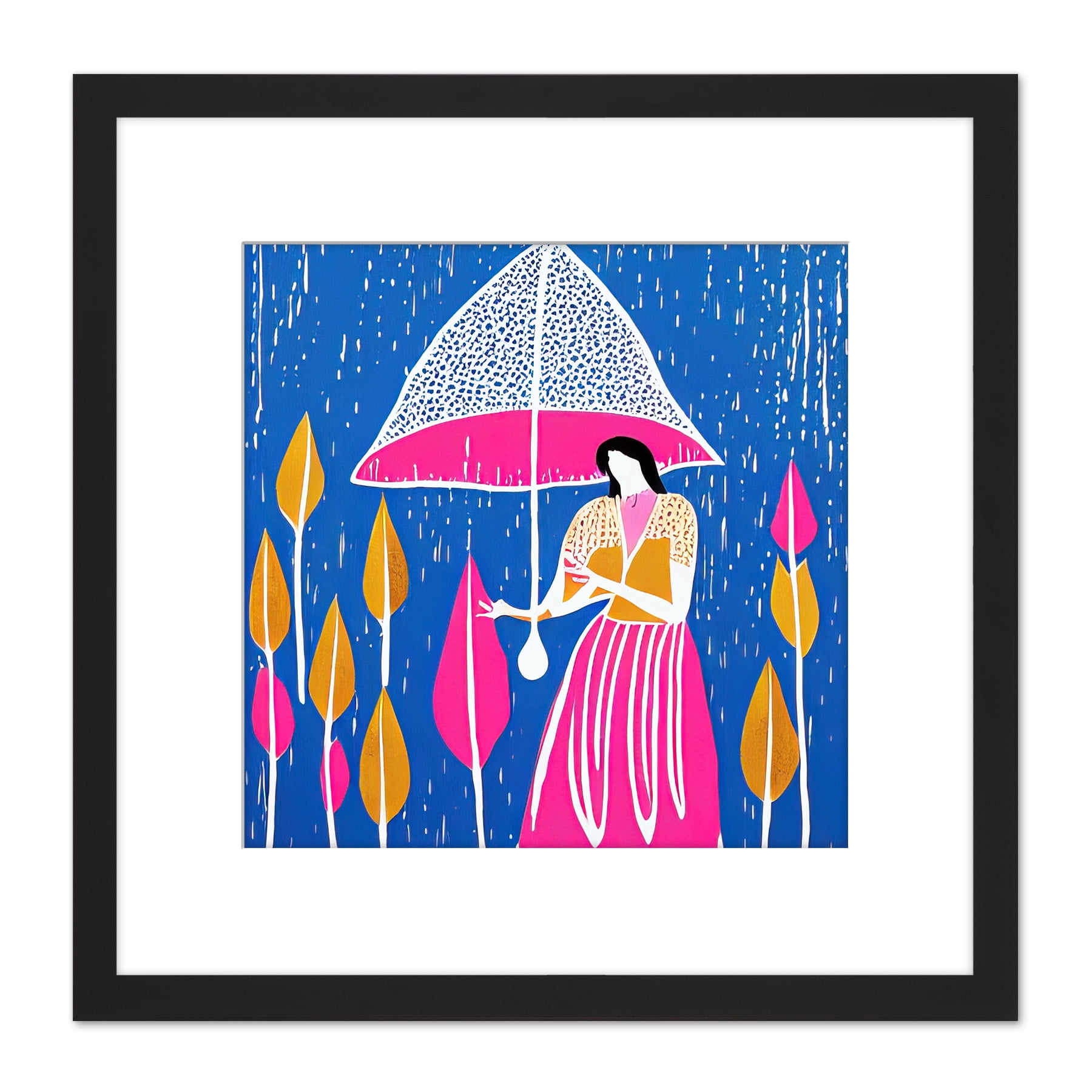 Autumn Rainstorm Boho Abstract Lady With Umbrella Leaves Colourful Pink ...