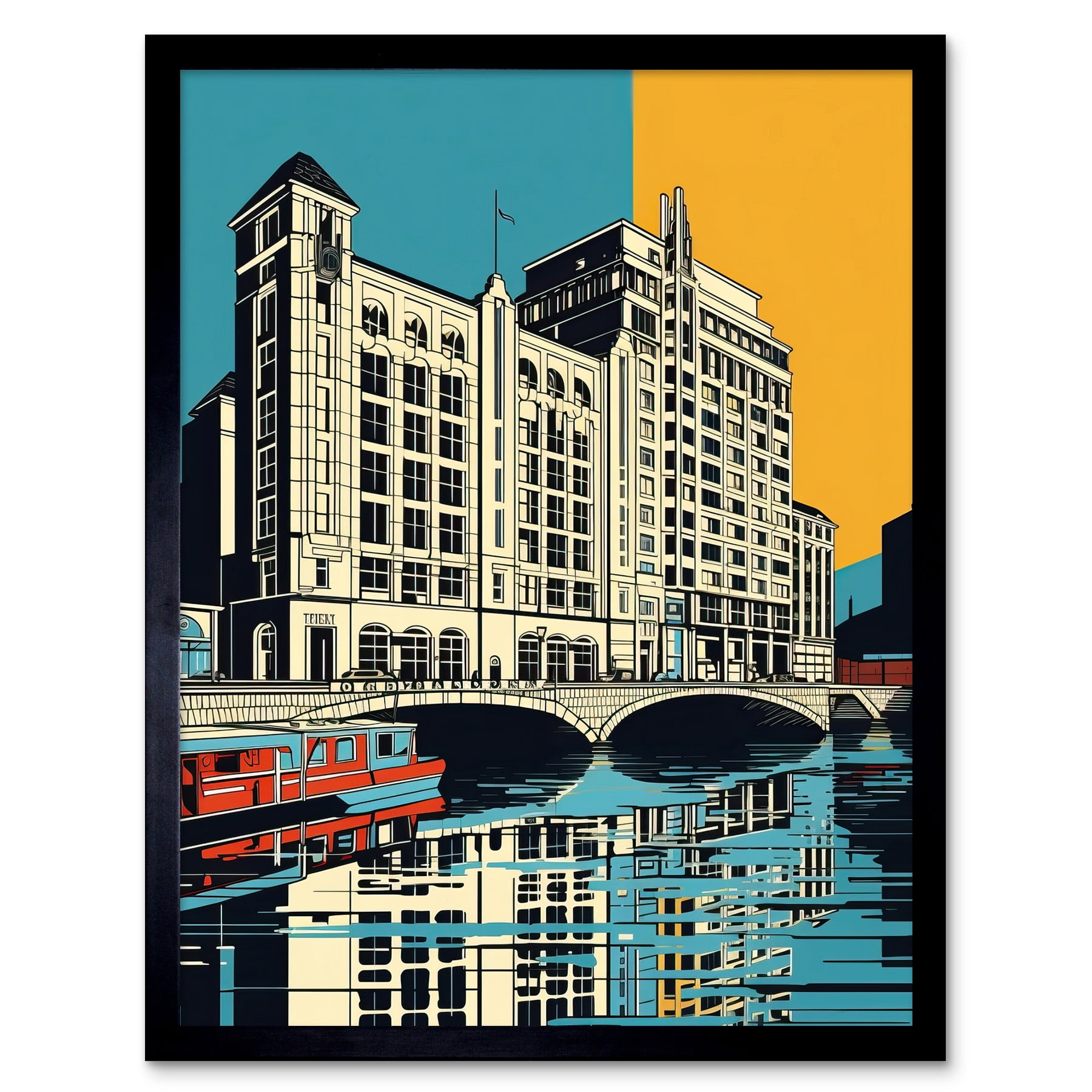 Leeds City Waterfront Modern Linocut Illustration Art Print Framed ...