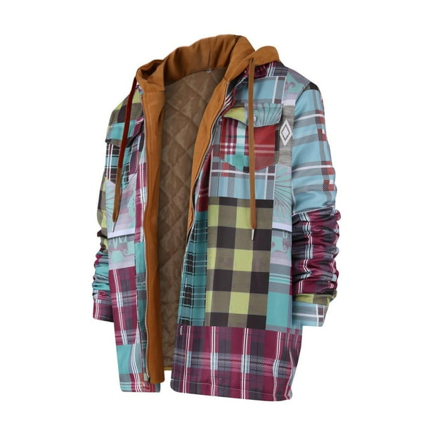 Men's Long Sleeve Quilted Lined Flannel Shirt Jacket with Hood ...