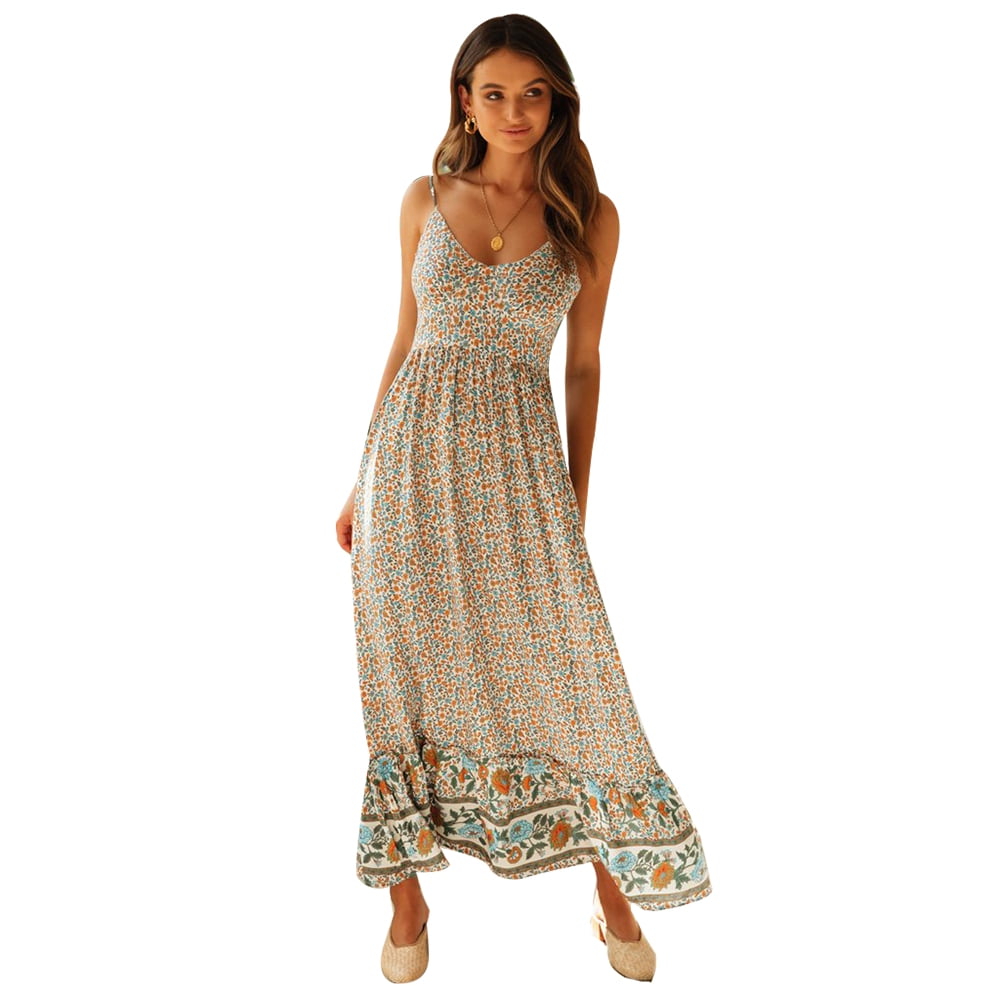 Mutural Women Summer Boho Beach Spaghetti Strap Maxi Sundresses V-Neck ...