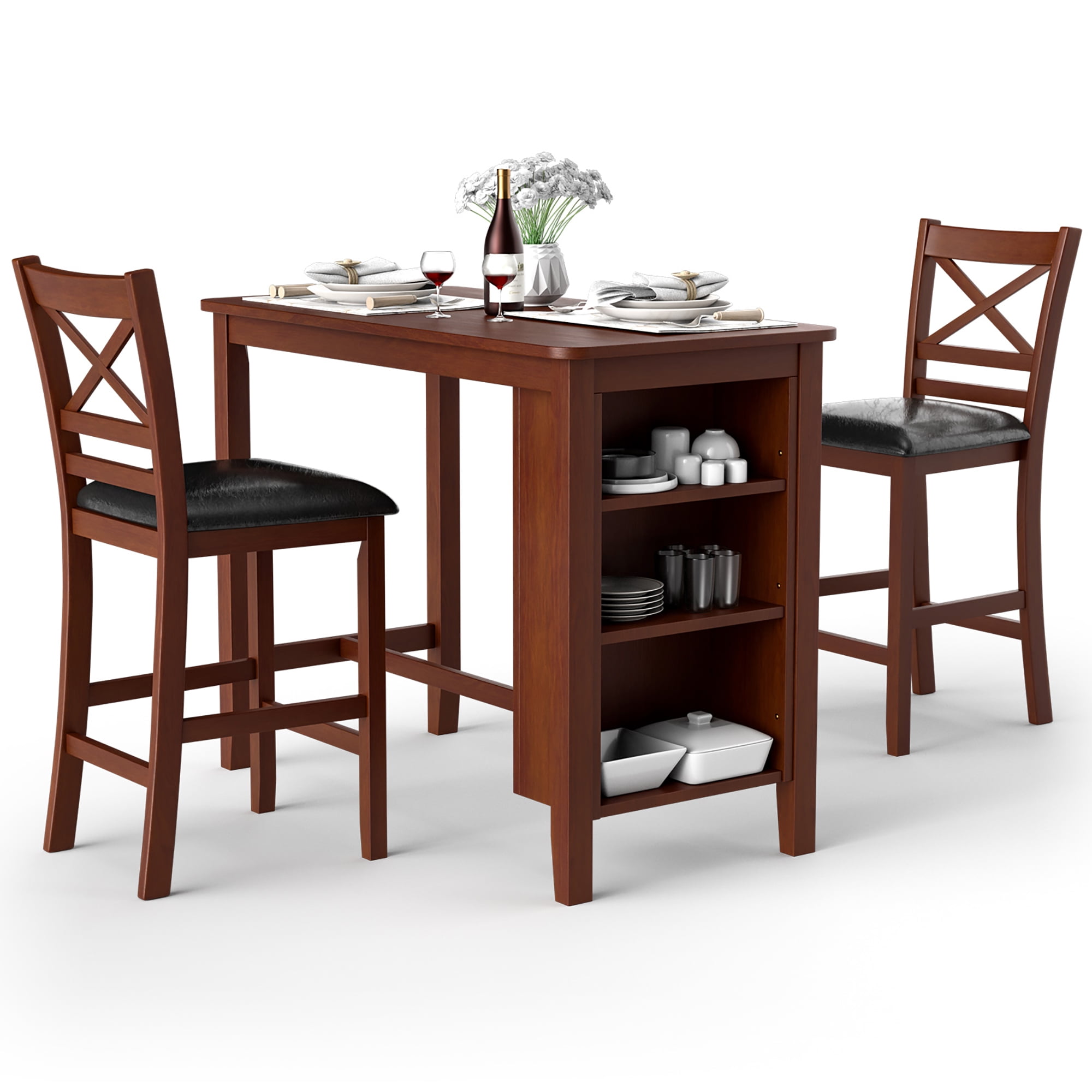 Costway 3PCS Pub Dining Table Set w/ Storage Shelves&2 Upholstered ...