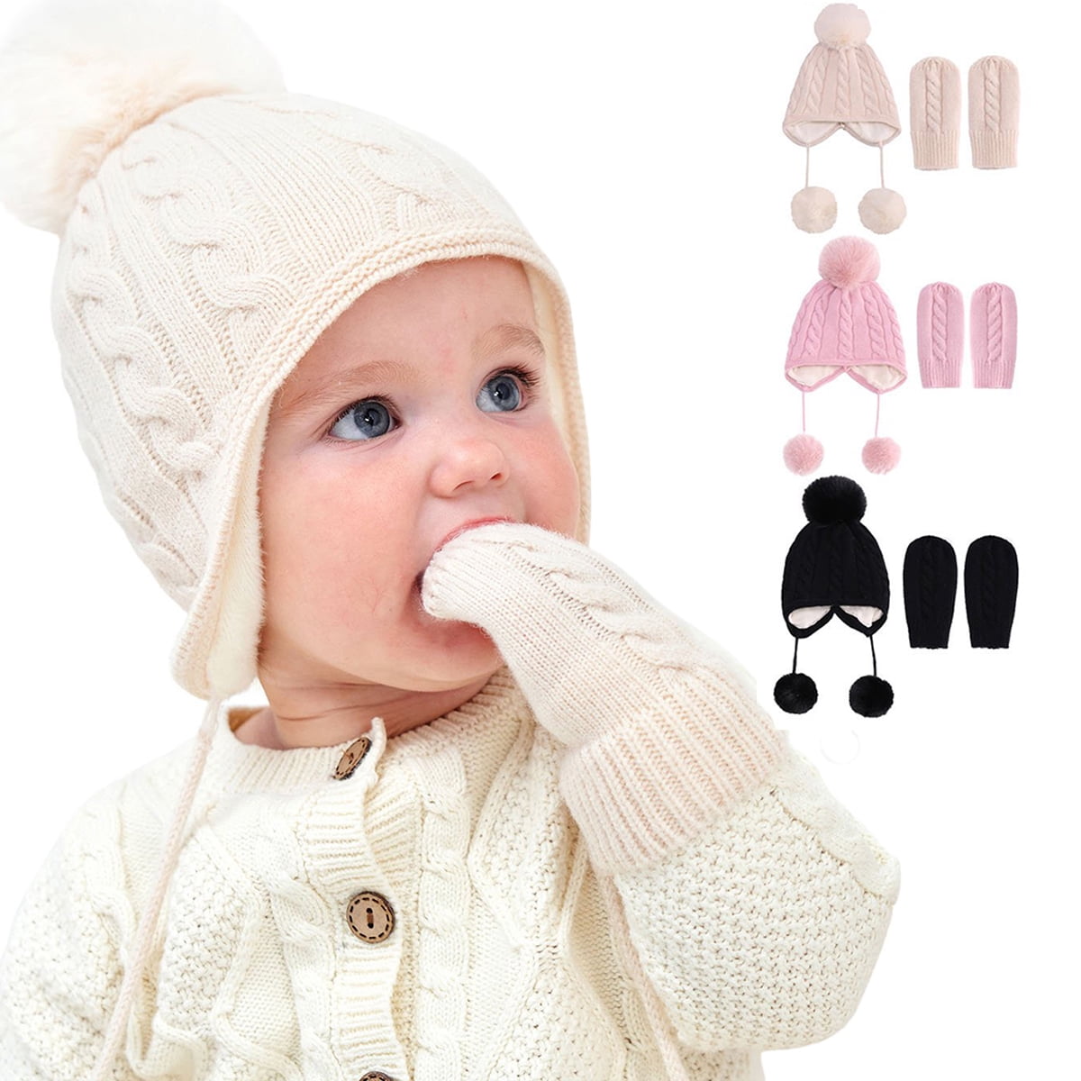 Toddler Winter Hat with Mittens Set - Baby Kids Warm Fleece Knit Beanie ...