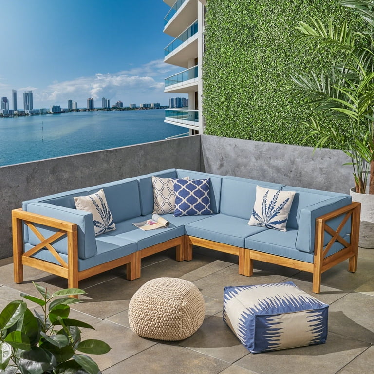 Christopher Knight Home Brava 5 Seat Sectional Sofa Set Acacia Wood Outdoor Patio Furniture with Dark Gray Cushion Walmart