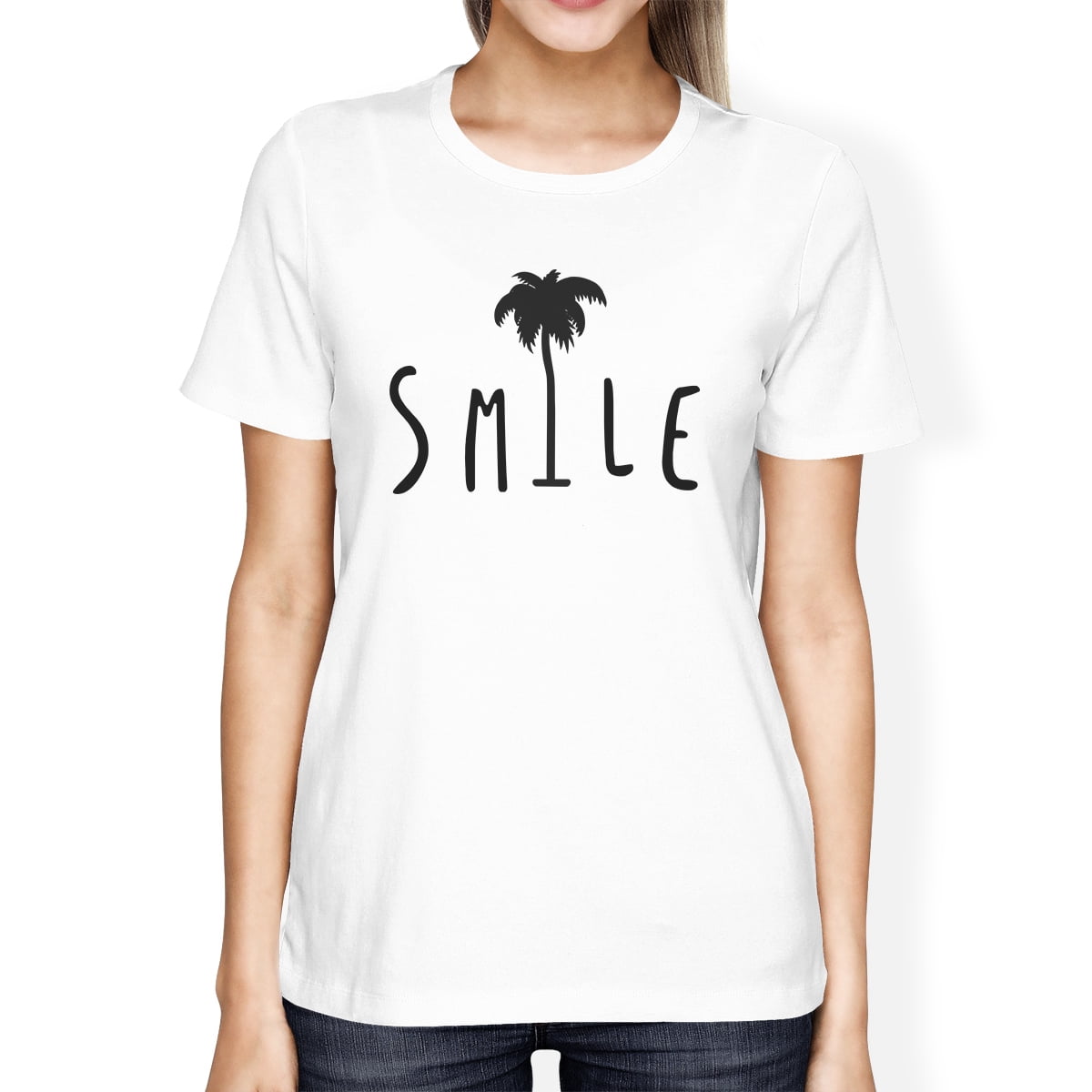 365 Printing - Smile Palm Tree Womens White Round Neck Short Sleeve T ...