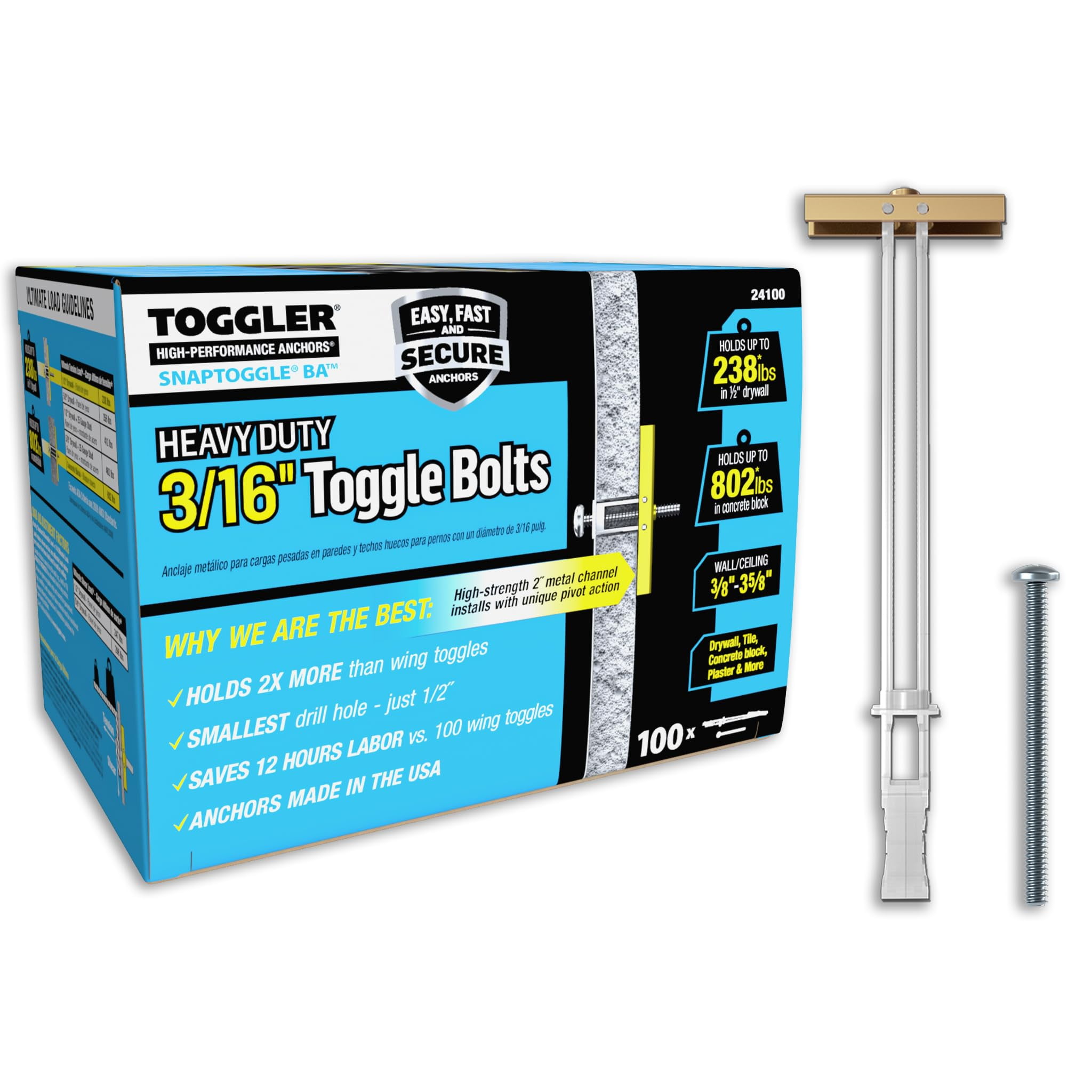 TOGGLER SNAPTOGGLE Heavy-Duty Drywall Toggle Bolt â€“ 3/16"-24 UNC Zinc ...