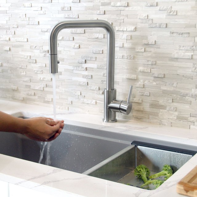 Stylish One-Handle Brushed Stainless Steel Pull Down Kitchen Faucet ...