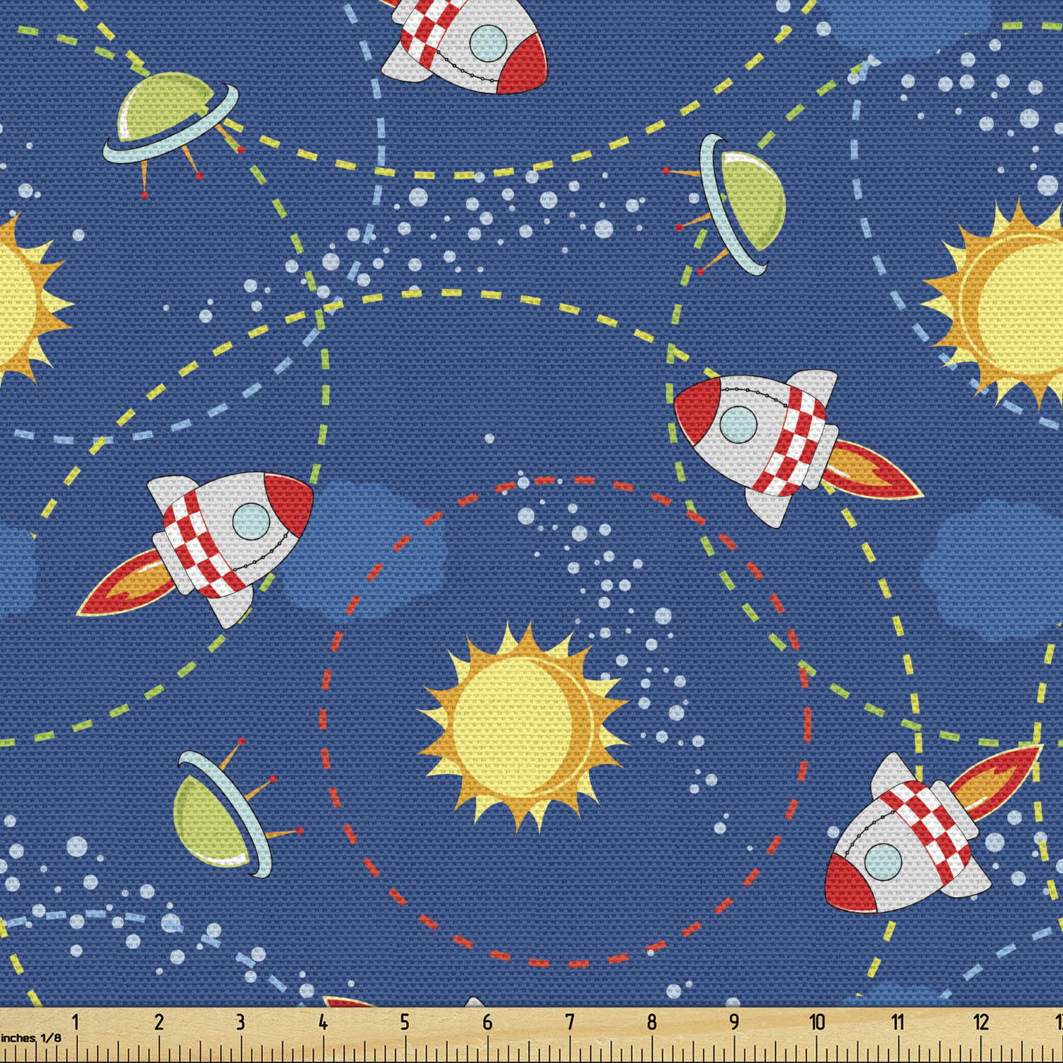 Space Sofa Upholstery Fabric by the Yard, Little Cartoon Rocket with ...