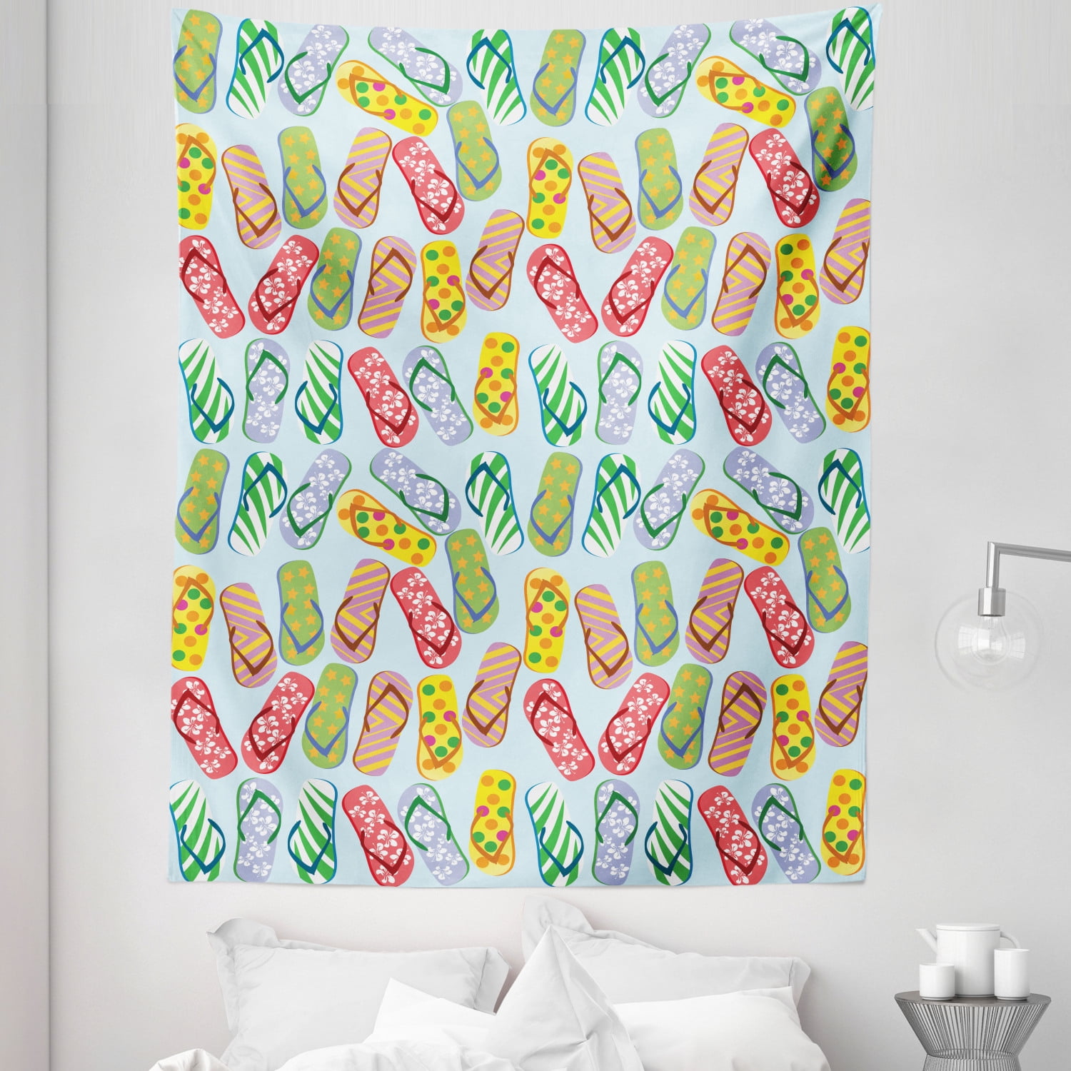Flip Flop Tapestry, Slippers with Hibiscus Flowers Palm Tree Leaves and ...