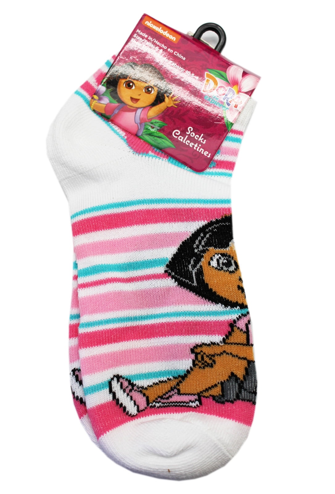 Dora the Explorer Pink/Blue Striped White Colored Socks (1 Pair, Size 6 ...
