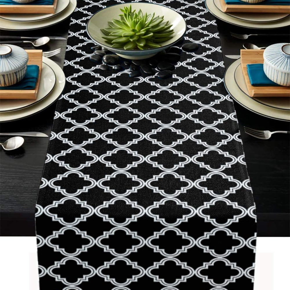 Moroccan Table Runner Cotton Linen Geometric Quatrefoil Lattice Dresser ...