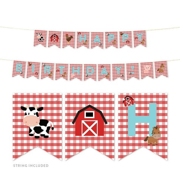 Red Farmhouse Barnyard Birthday, Hanging Pennant Party Banner with ...