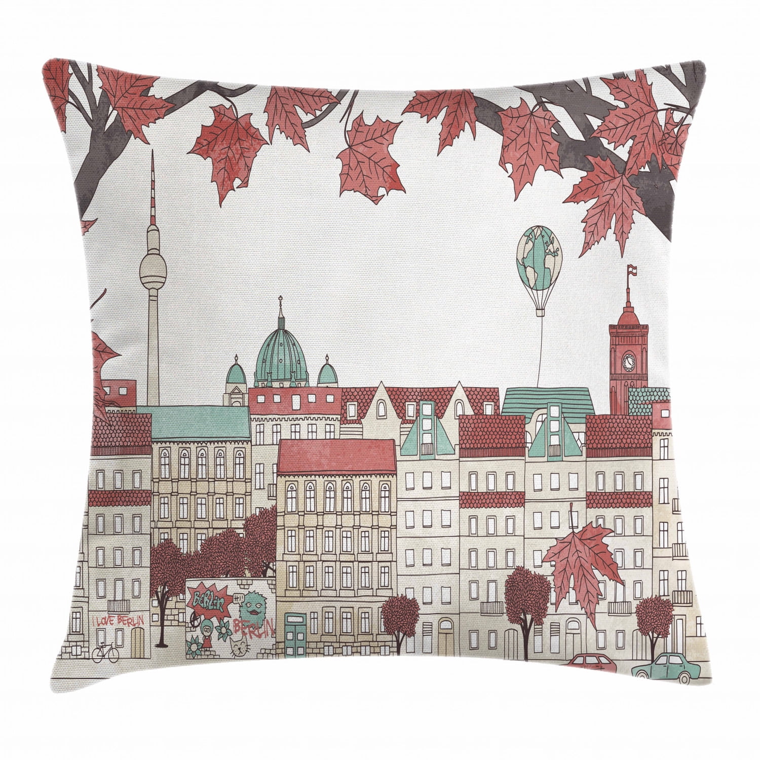 German Throw Pillow Cushion Cover, Autumn in Berlin Colorful Hand Drawn ...