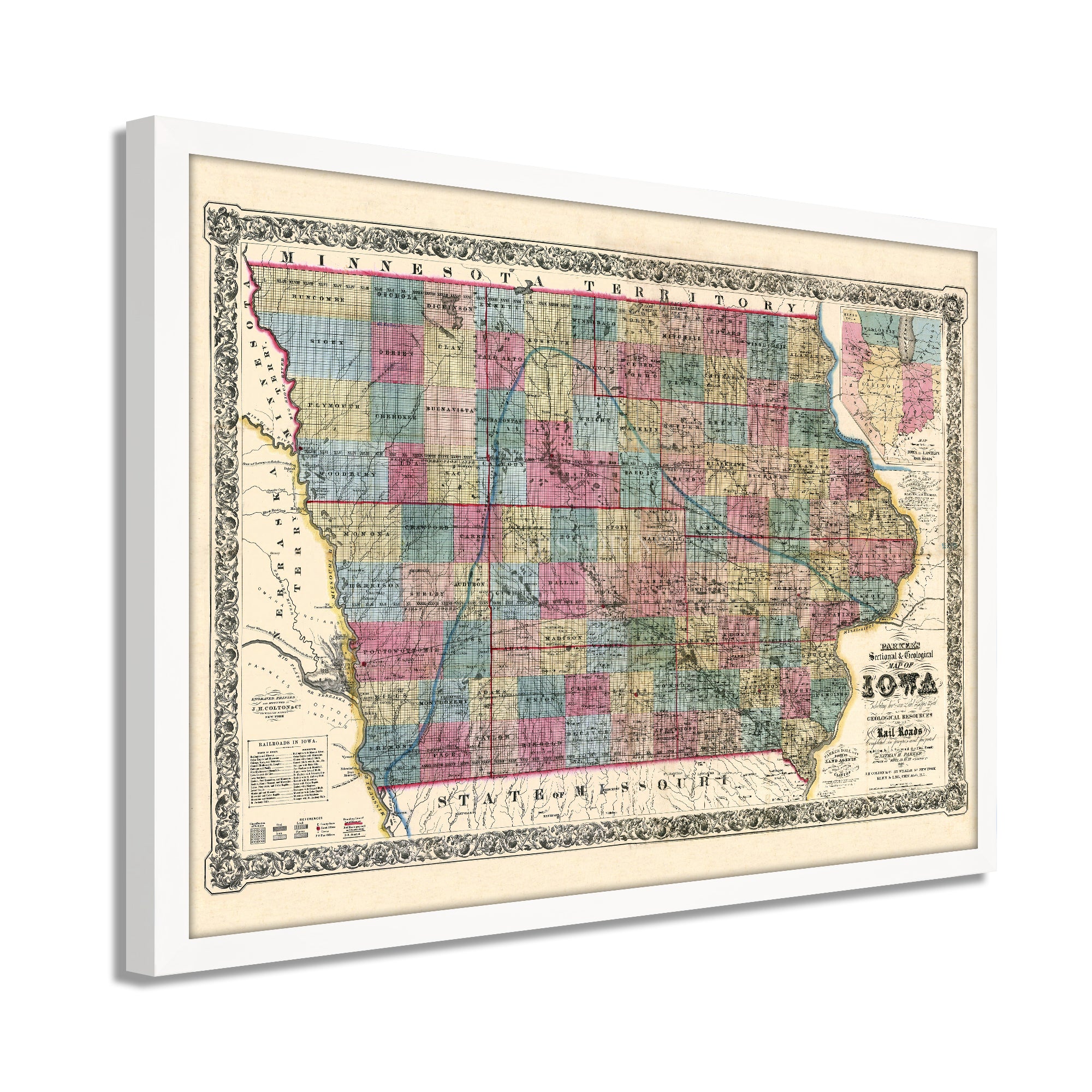1856 Iowa Map - Framed Vintage Iowa State Map - Old State of Iowa Map ...