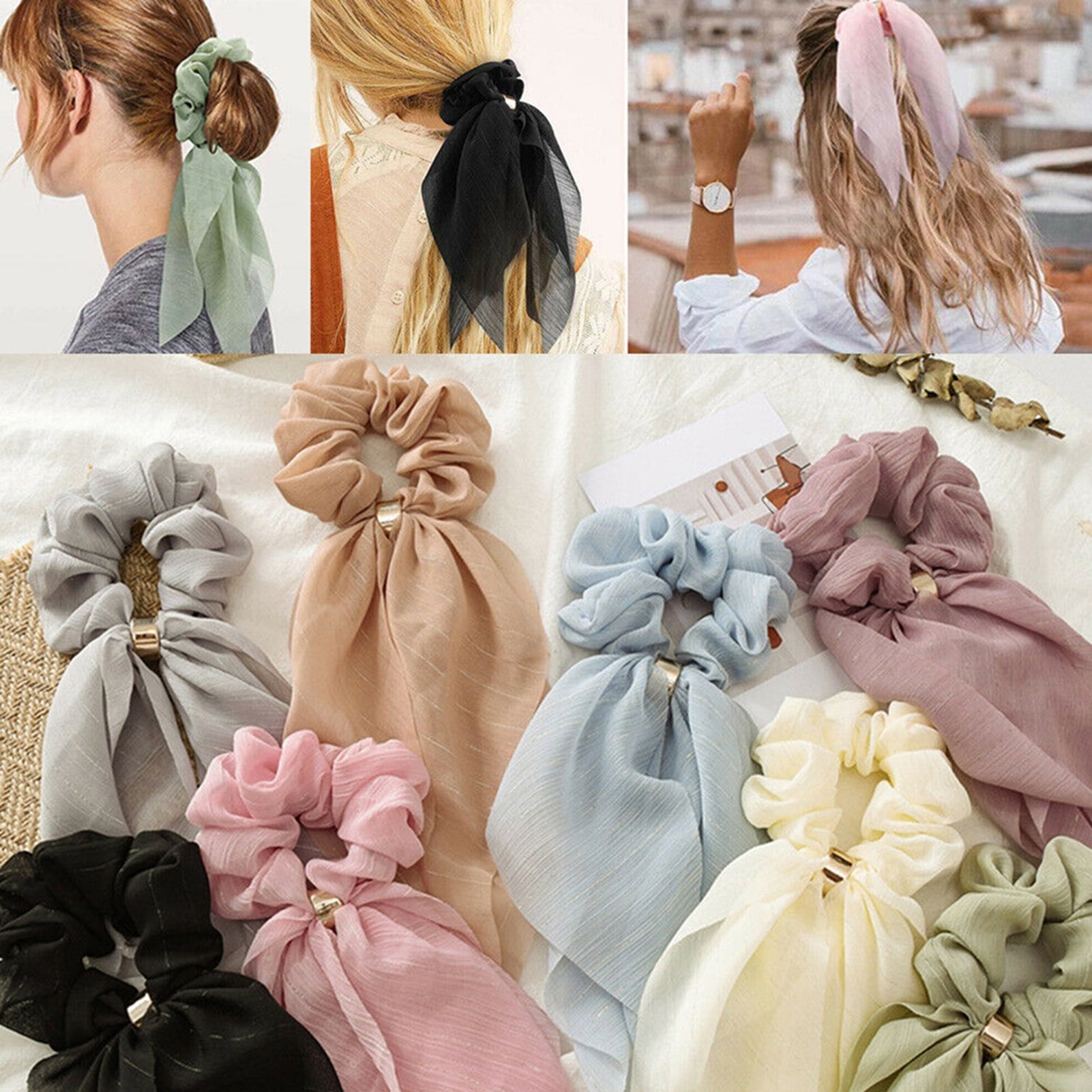 SPRING PARK Women Chiffon Bowknot Hair Scrunchies Lace Design Elastic ...