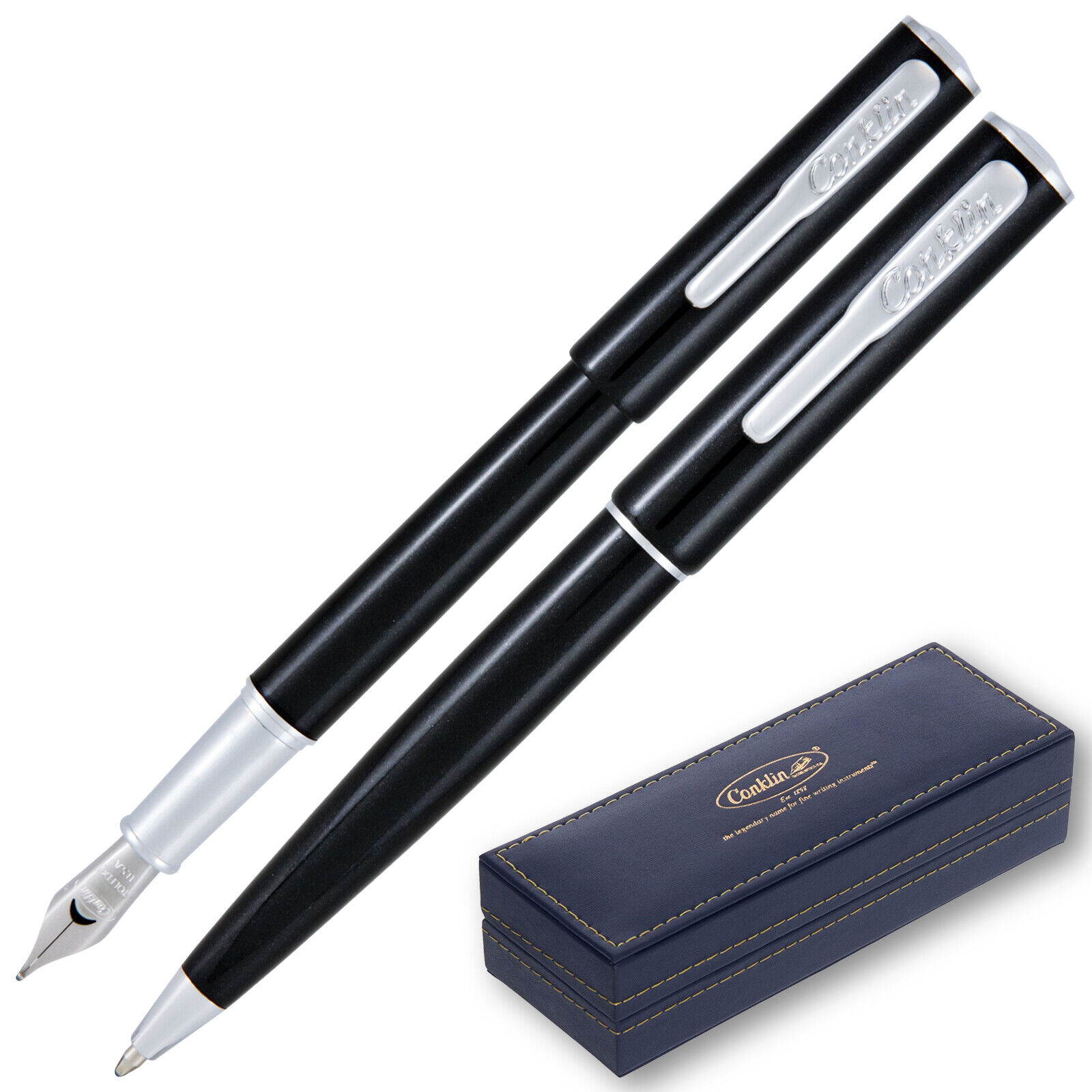 Conklin Coronet Black Pen Set (Ballpoint & Fountain) with Fine Tip ...
