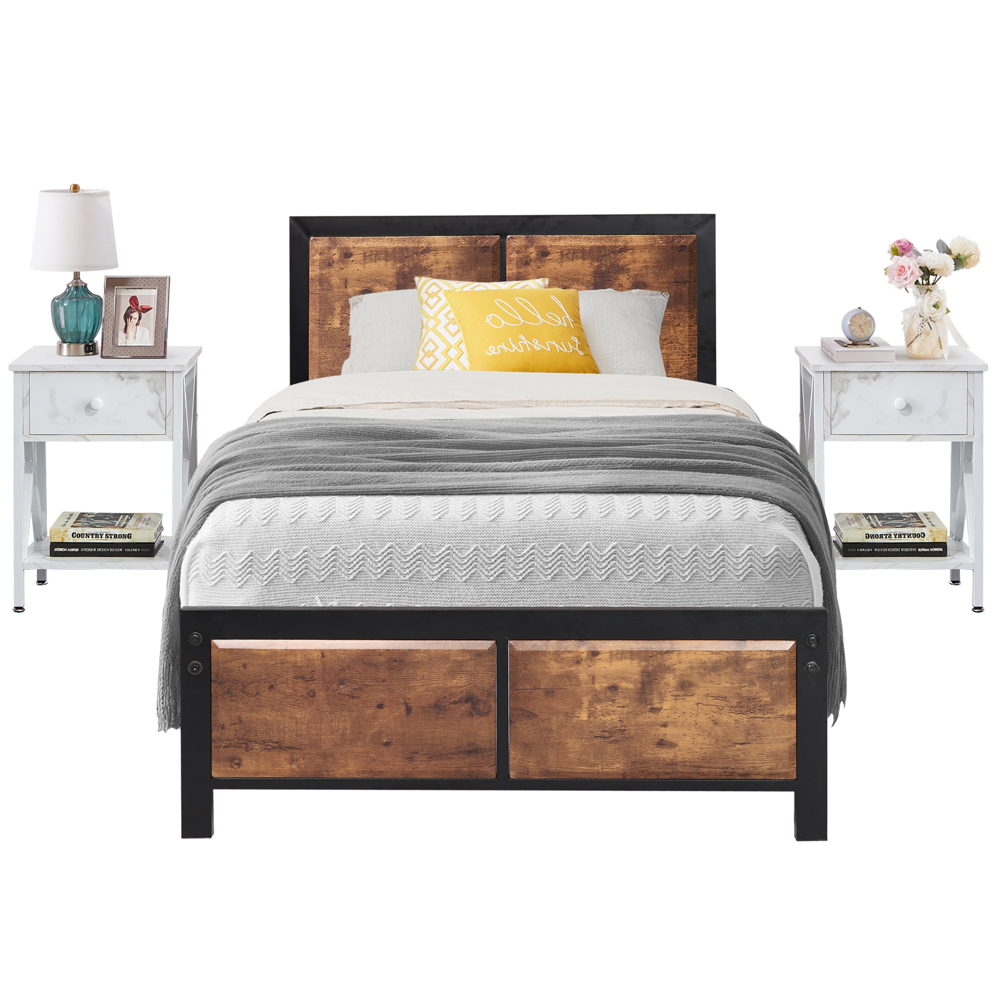 VECELO 3-Piece Bedroom Set with Twin Size Bed Frame and 1-Drawer White ...