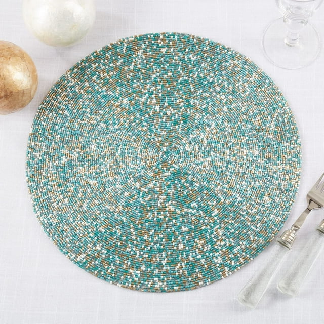 Fennco Styles Hand Beaded Aqua Placemat 15" Round, 1- Piece - Delicate ...
