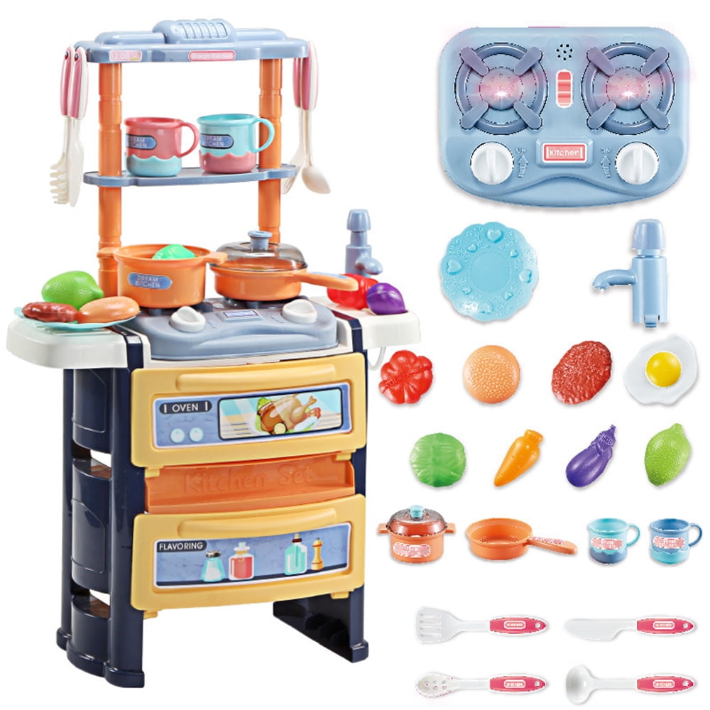 Tfixol Kitchen Set Pretend Play With Sound & Light Kitchen Toy Stove Pan Spoon Vegetable Fruit Accessories With Water System Children Cooking Playset