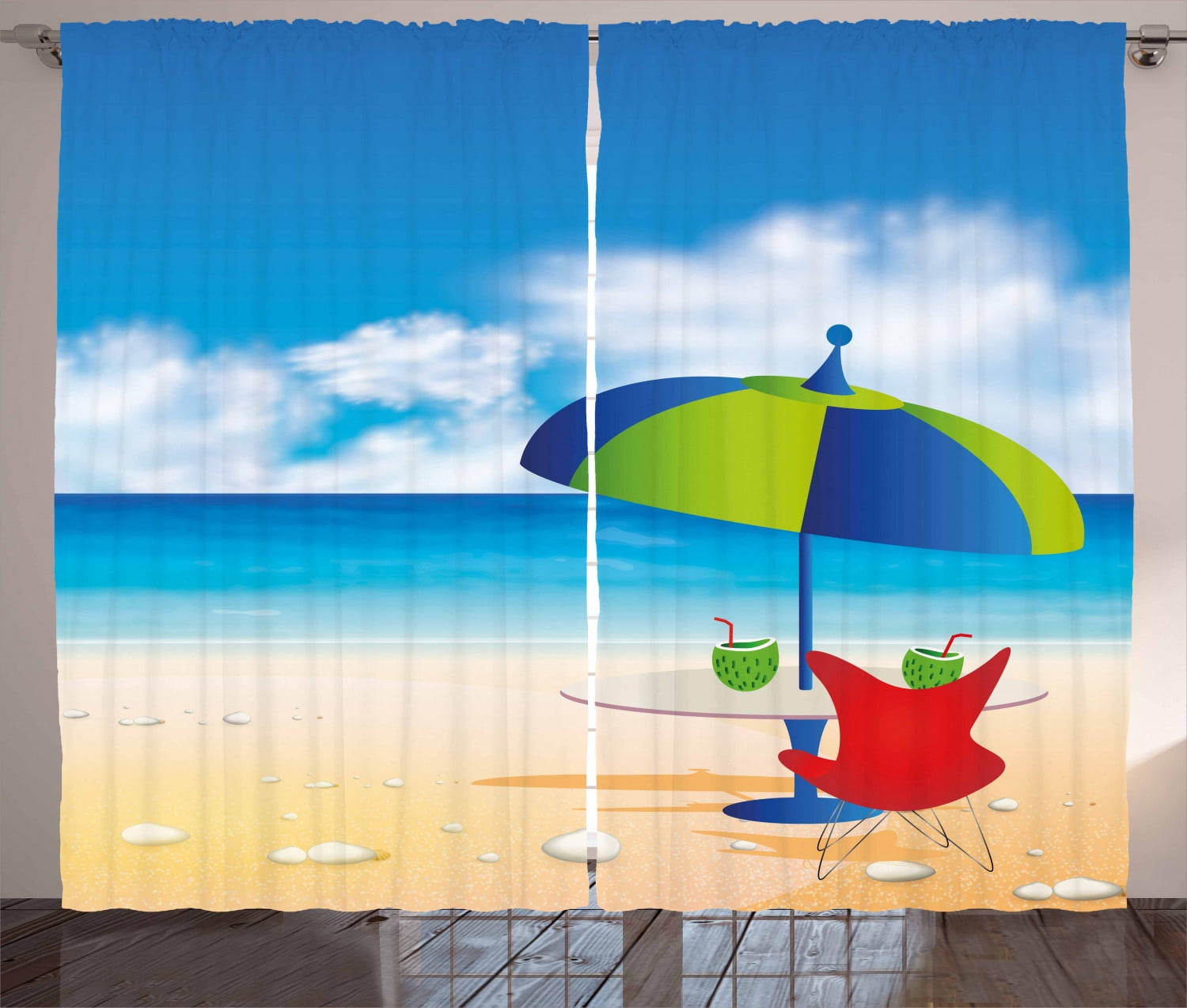 Beach Curtains 2 Panels Set, Relaxing Scene with Umbrella and Drinks ...