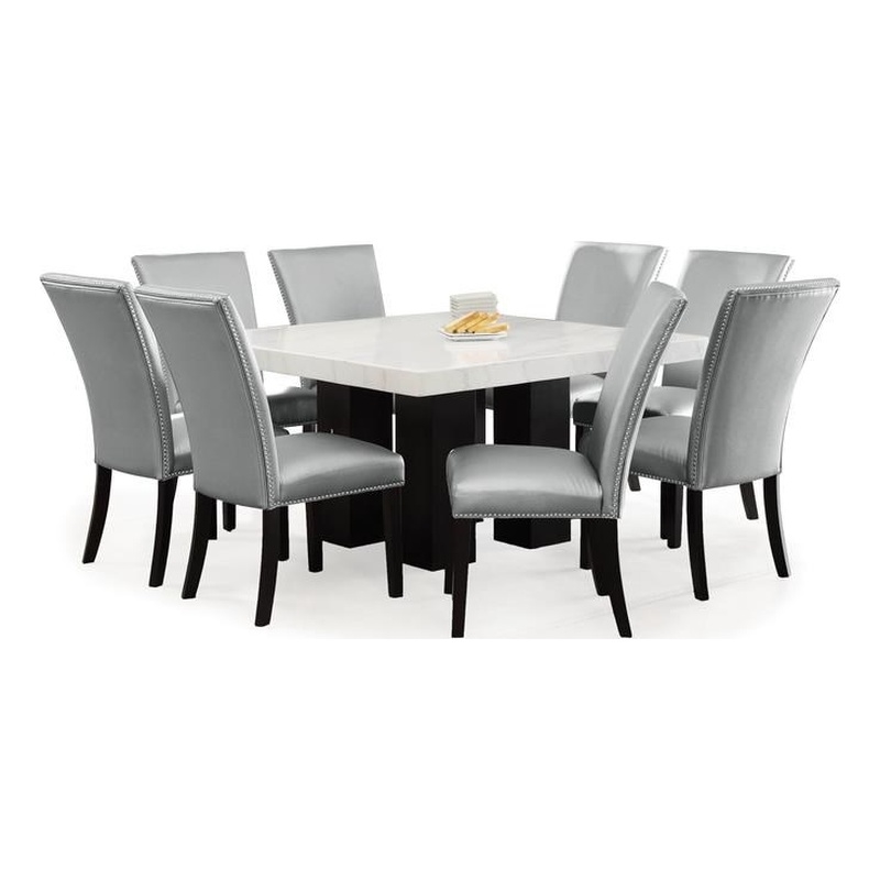 Camila Marble Top Square 9-Piece Dining Set with Silver Chairs ...