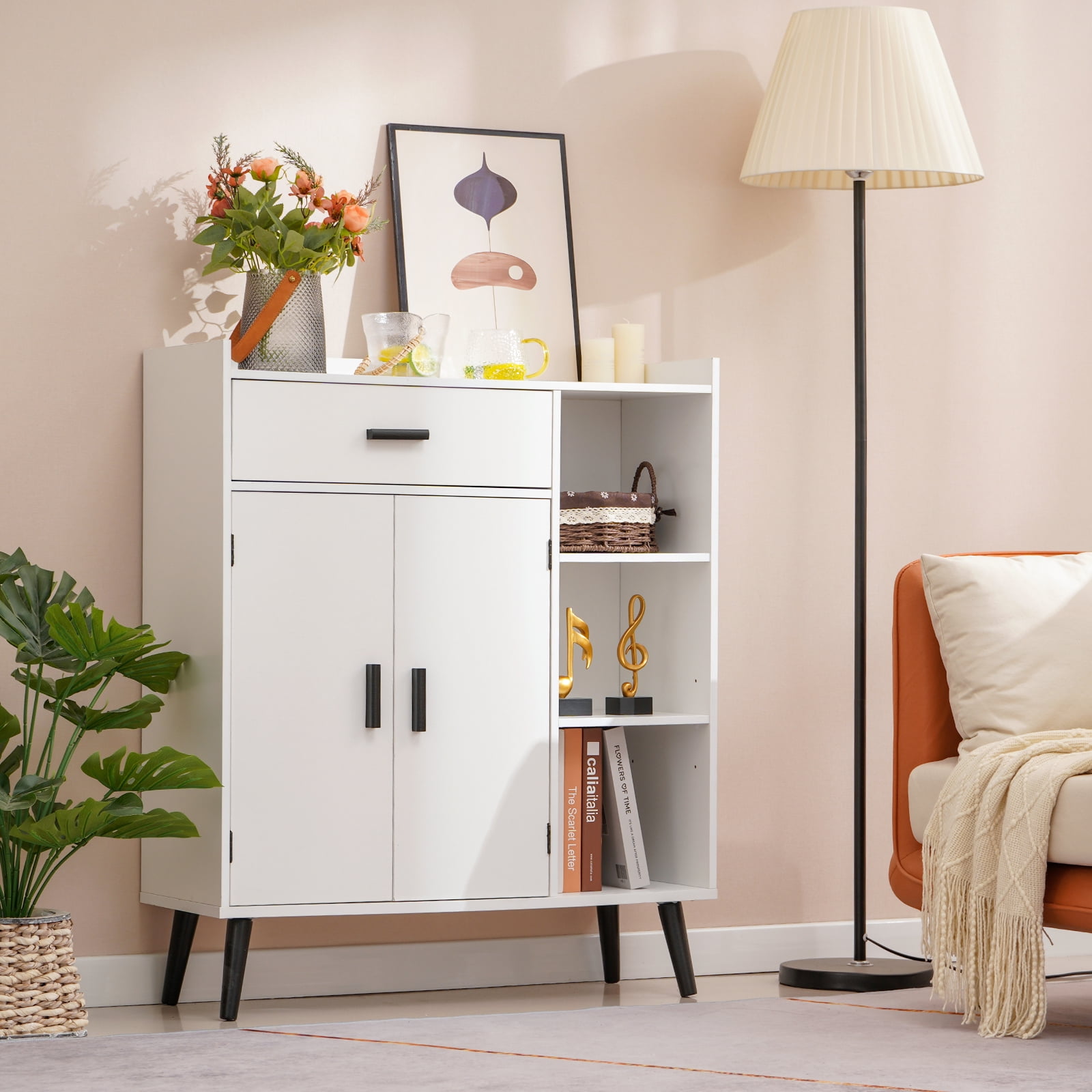 USIKEY Mid Century Storage Cabinet with 1 Drawer & 3 Shelves, Wood ...