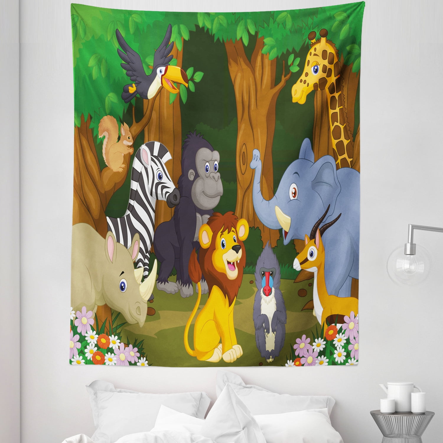 Animal Tapestry, Cartoon Style Gazelle Giraffe Gorilla Lion Animals ...