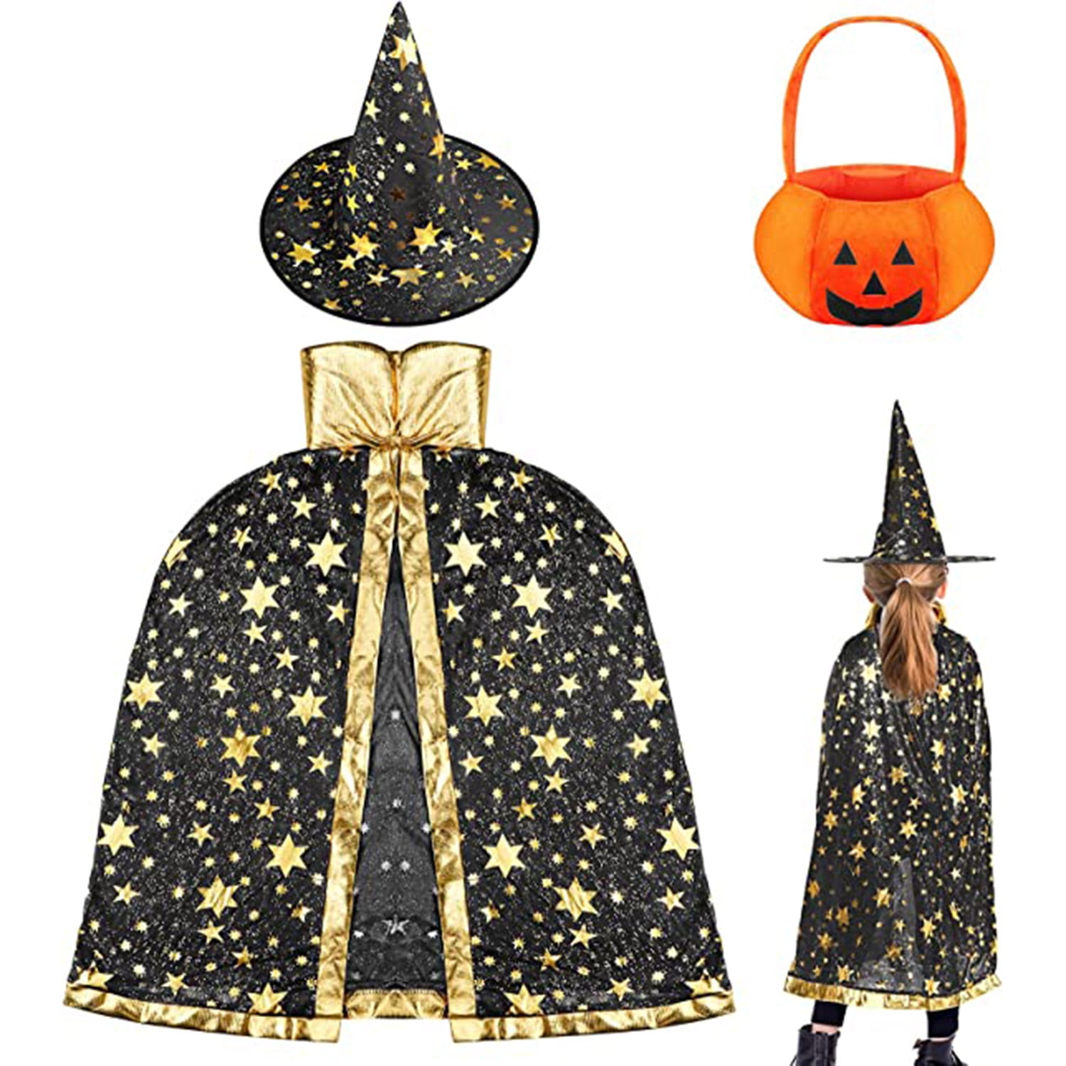 Halloween Wizard Cape Witch Cloak with Wizard Hat and 2 Pumpkin Goody ...