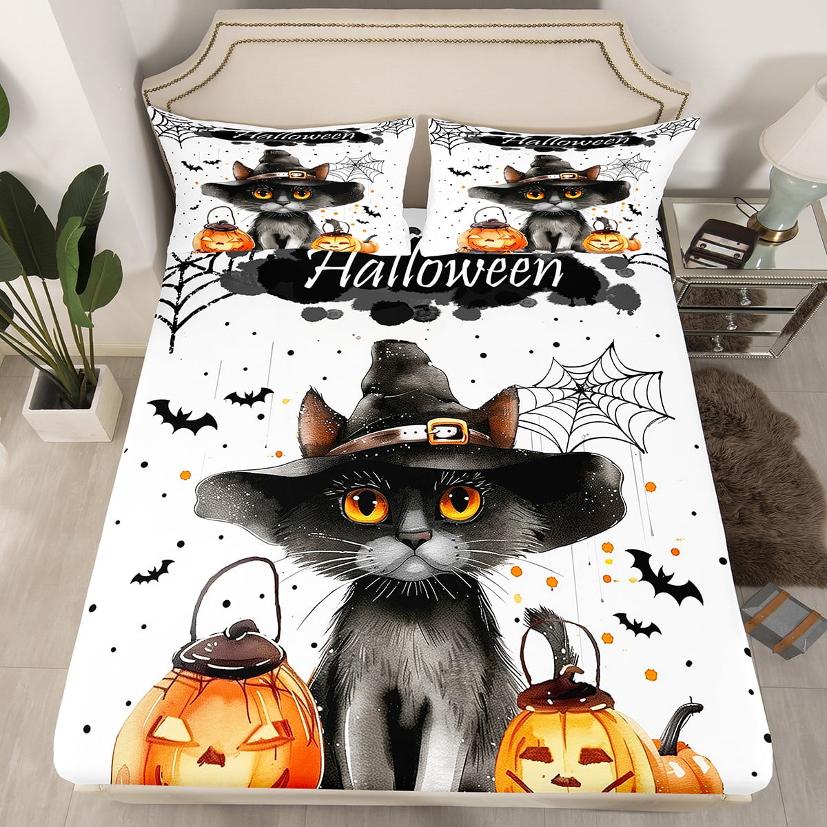 Click here for Yst Halloween Fitted Sheet Twin cute Black Cat Bed... prices