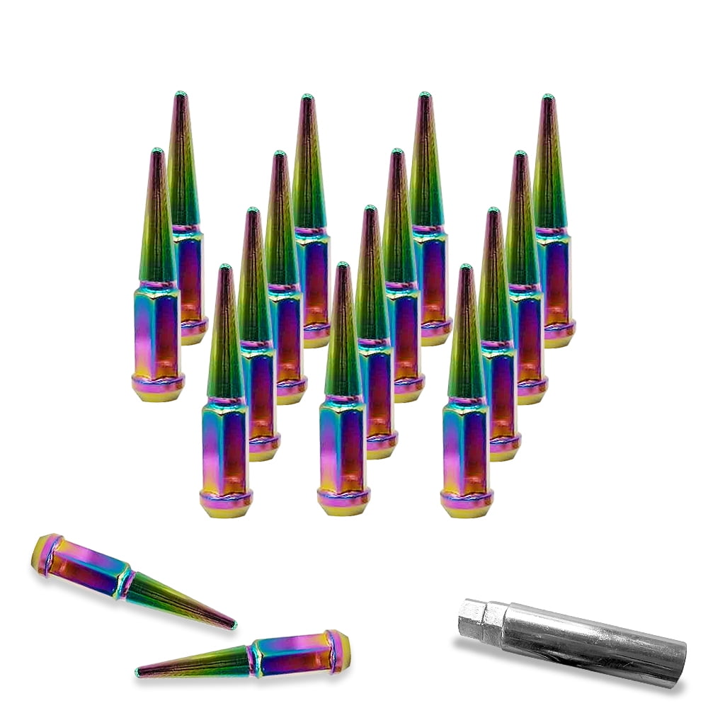 16pc Premium Neo Chrome SPIKED 9/16-18 Extended Lug Nuts 4.4" OFF-ROAD ...