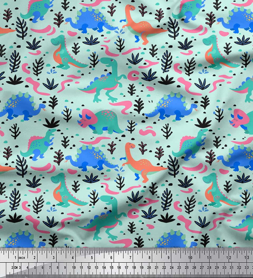 Soimoi Green polyester Crepe Fabric Dinosaurs & Leaves Kids Print ...