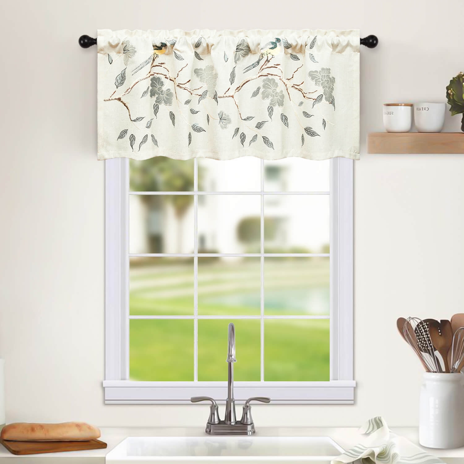 Vivid Yellow Birds Pattern Valances, Flower Embroidered Light Filtering ...