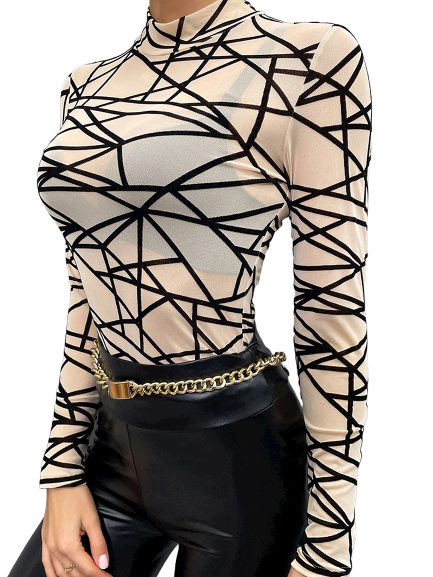 DYMADE Women Mesh Long Sleeve Medium High Collar Perspective Undercoat ...