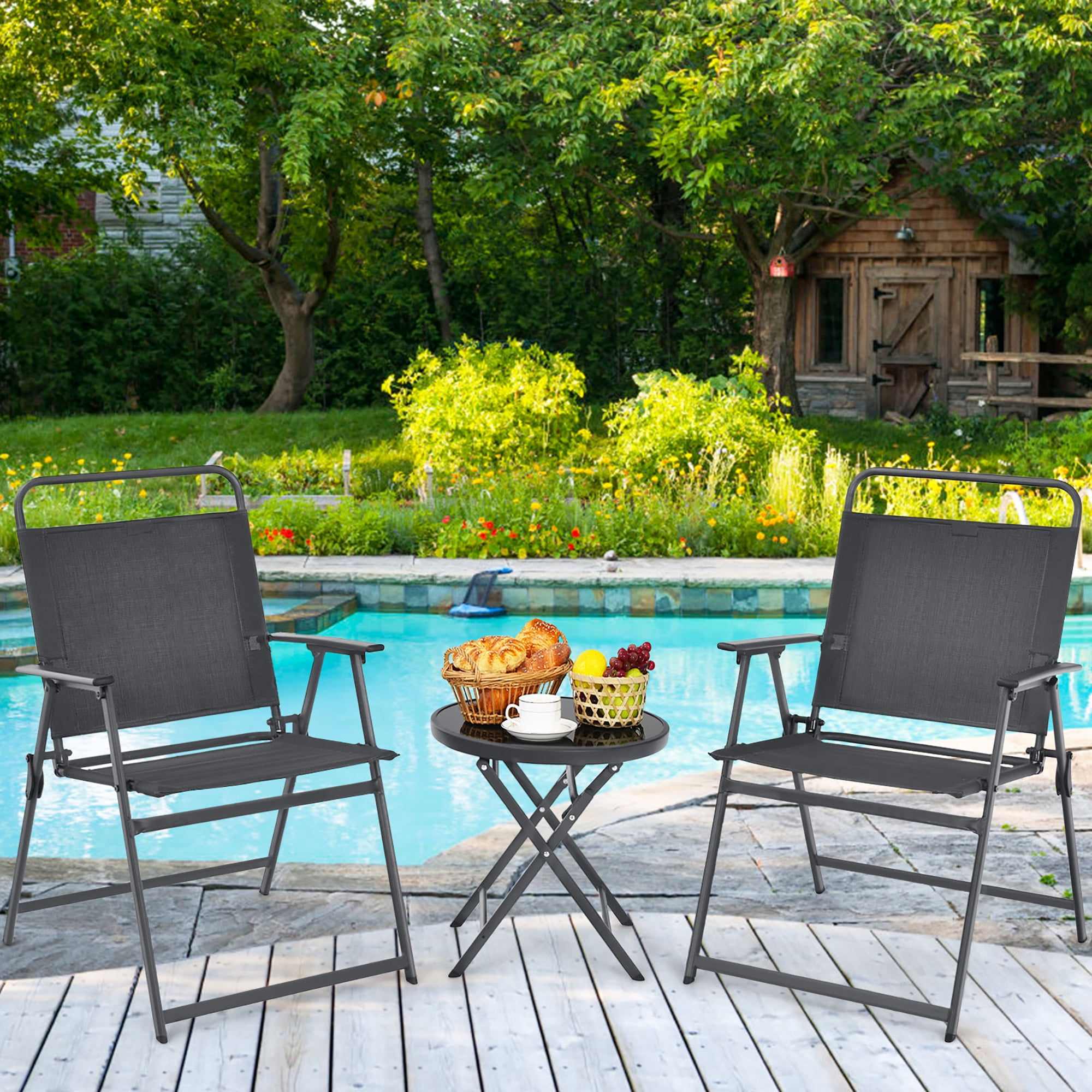 Costway 3PC Outdoor Bistro Set Patio Garden Furniture with 2 Folding Chairs Glass Table Walmart
