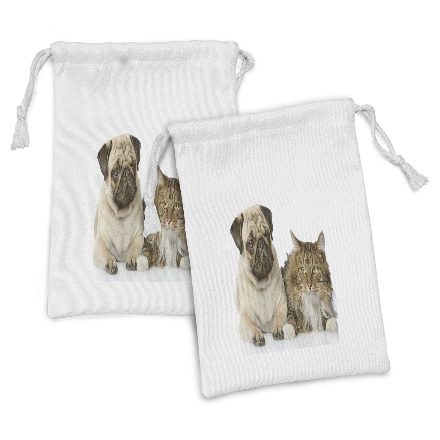 Animal Fabric Pouch Set of 2, Fluffy Playful Pets Sitting next to Each ...