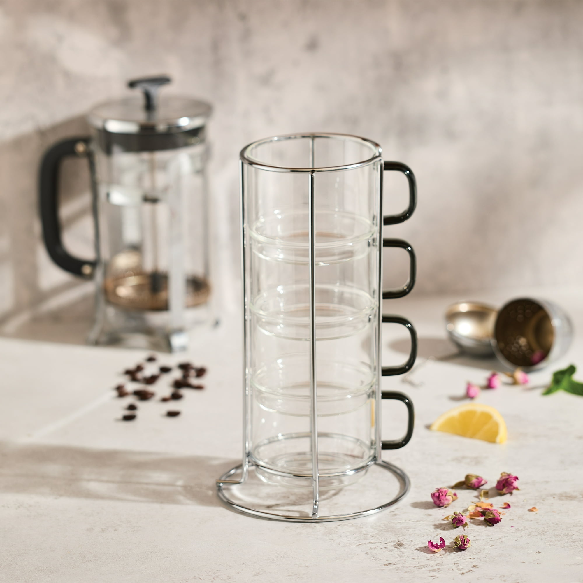 Click here for Hometrends 4 Pc Stackable Glass Mugs With Silver M... prices