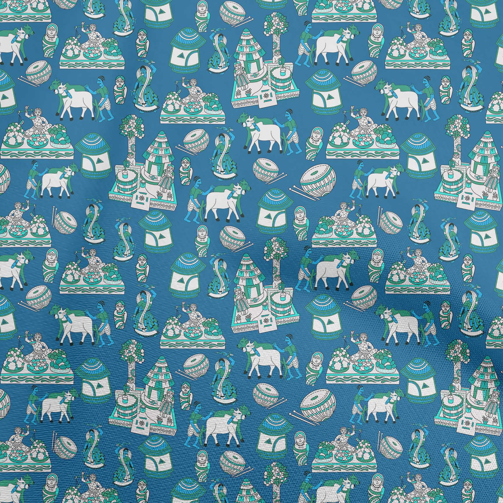 oneOone Cotton Cambric Teal Blue Fabric Kalamkari Traditional Fabric ...