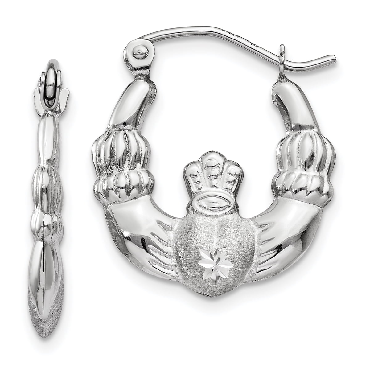 Primal Gold 14 Karat White Gold Satin and Diamond-cut Claddagh Hoop ...