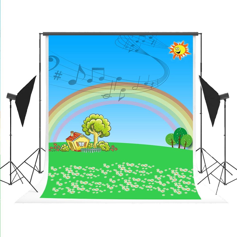 Backdrops Cartoon Rainbow Backgrounds Green Grass and Blue Sky ...