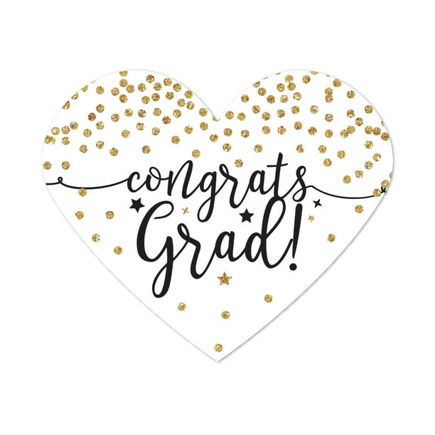 White and Gold Glittering Graduation, Heart Label Stickers, Congrats ...