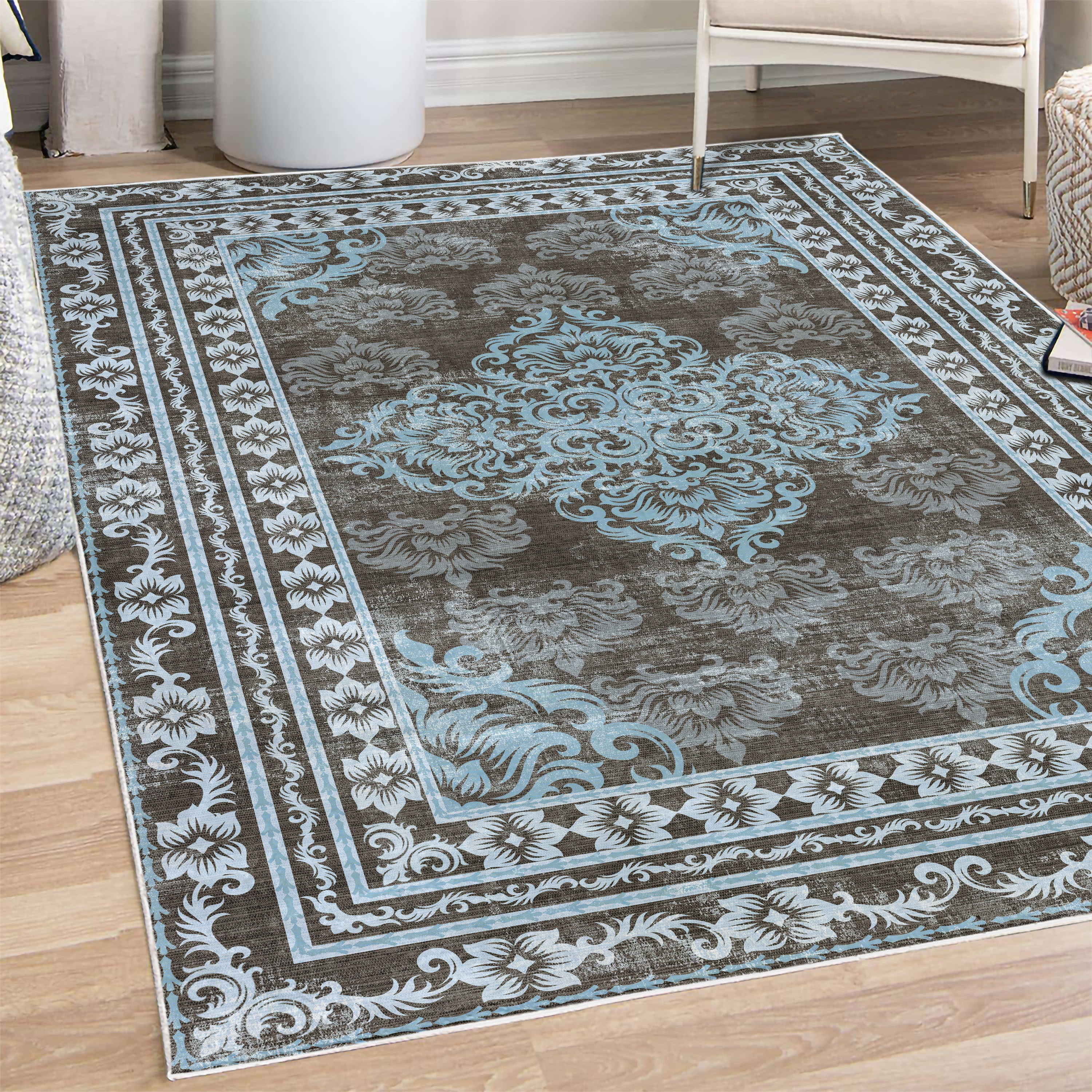 Damask Decorative Rug, Curlicue Design Traditional Flourishes in Retro ...
